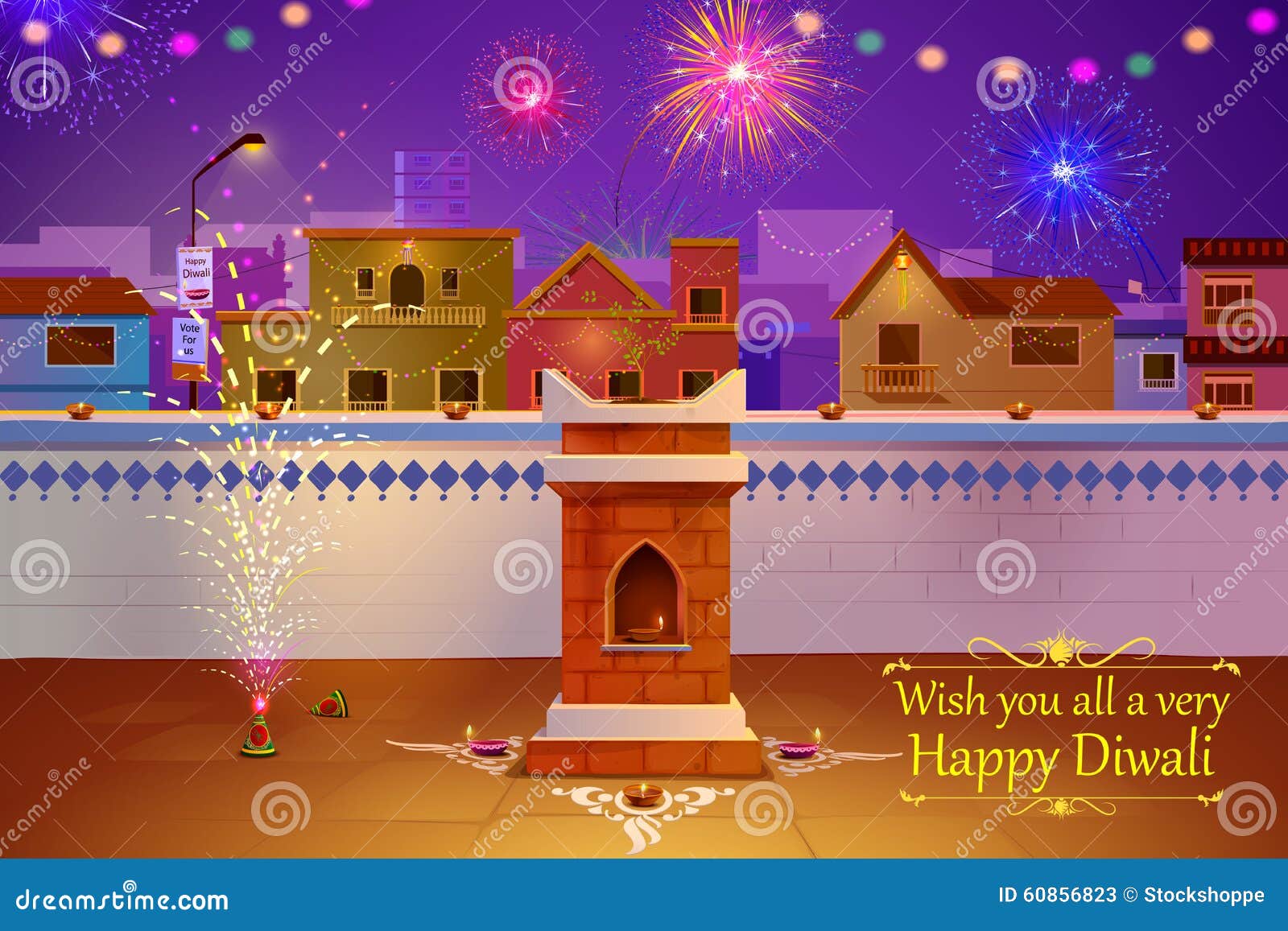 Indian House Decorated With Diya In Diwali Night Stock Vector - Image ...