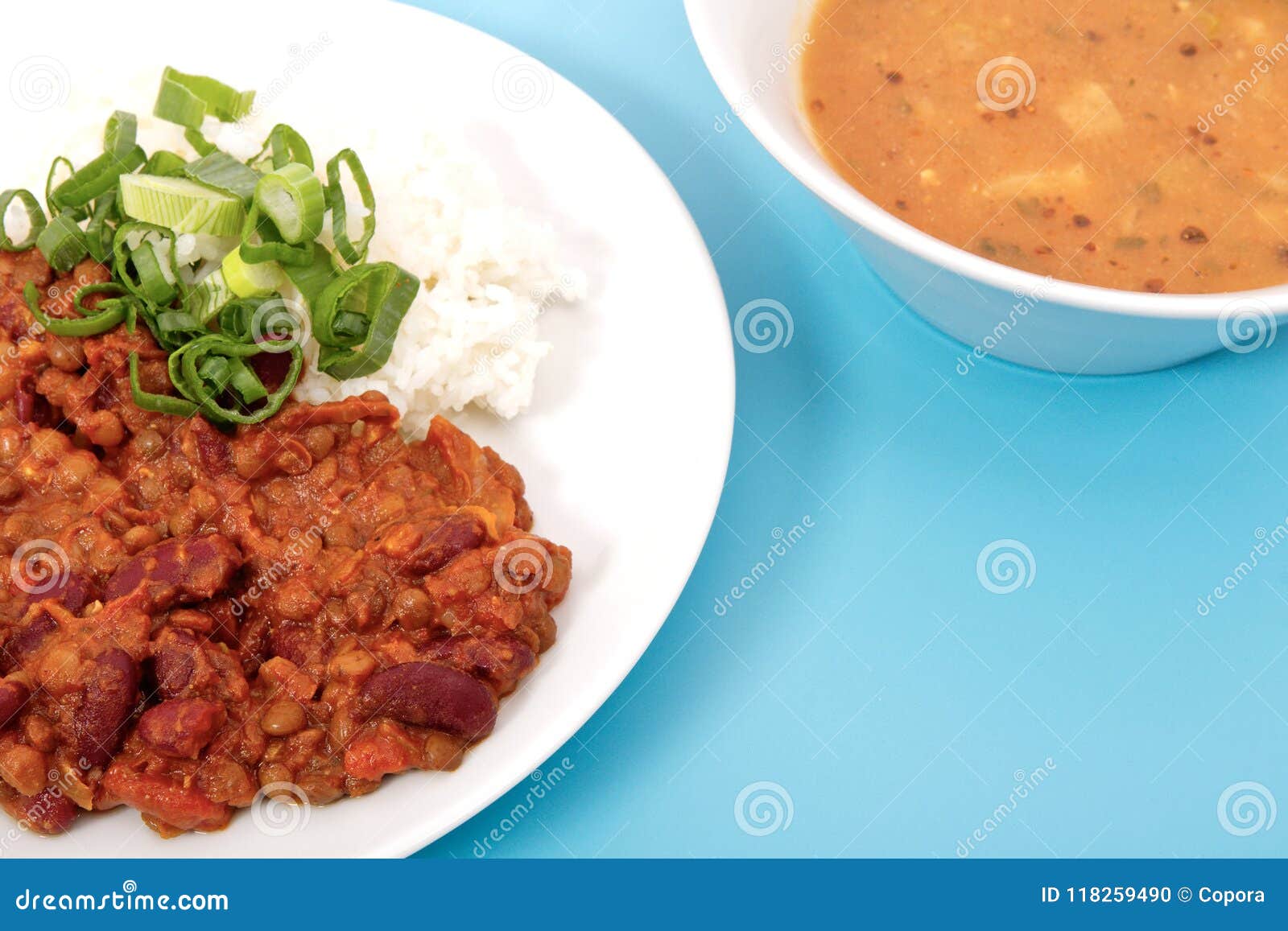 Indian Legume Hash with Rice on a Blue Stock Photo - Image of curry ...