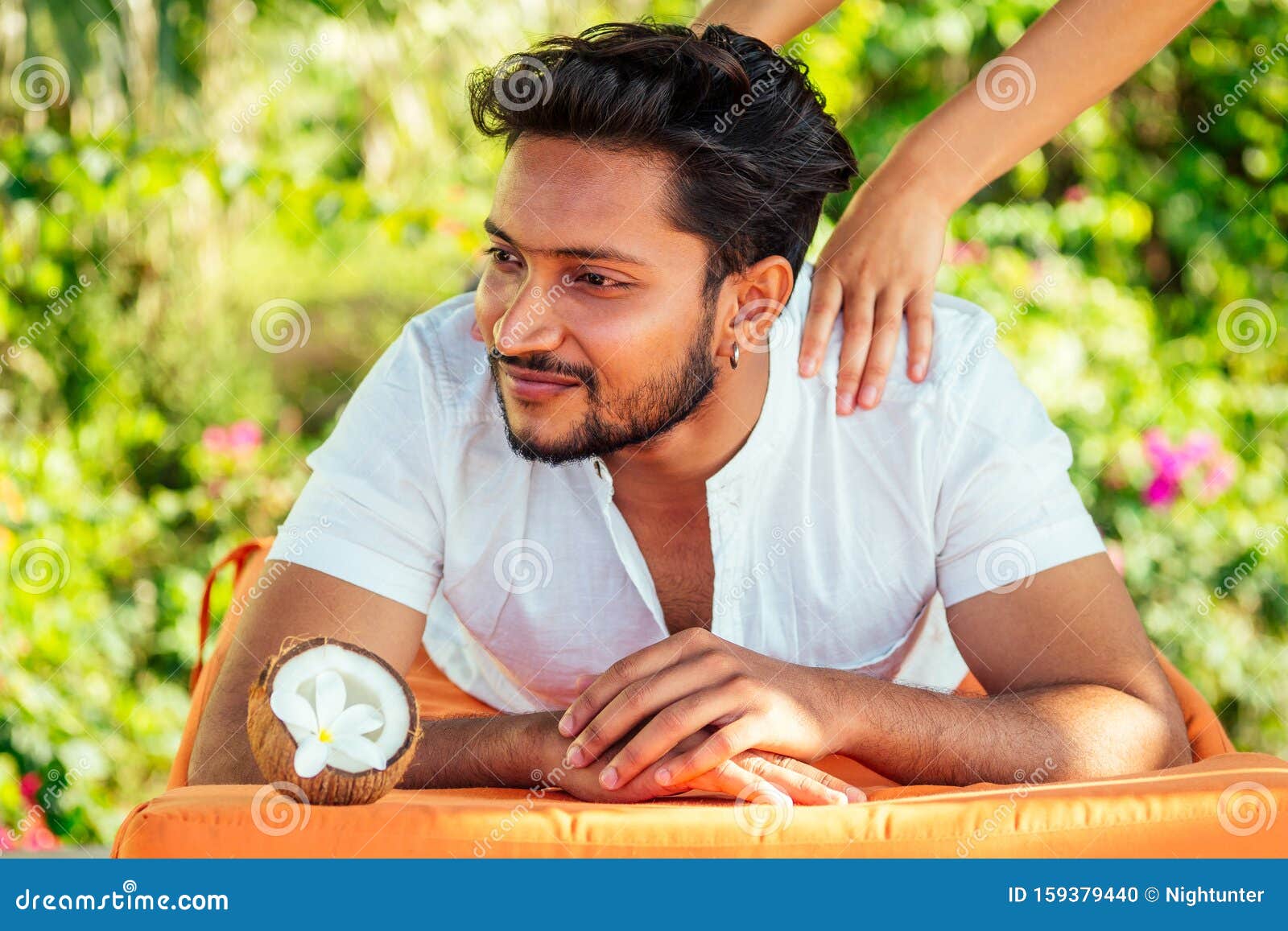 Indian Man Having Oil Ayurveda Spa Treatment Handsome Bearded Dark