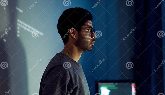 Indian Man Programmer Standing in Front of a Screen with Code Projected ...