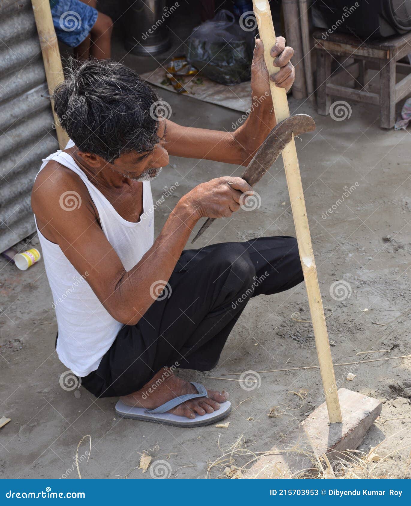 Indian Man Sharpening a Bamboo Stick Editorial Stock Photo - Image of ...
