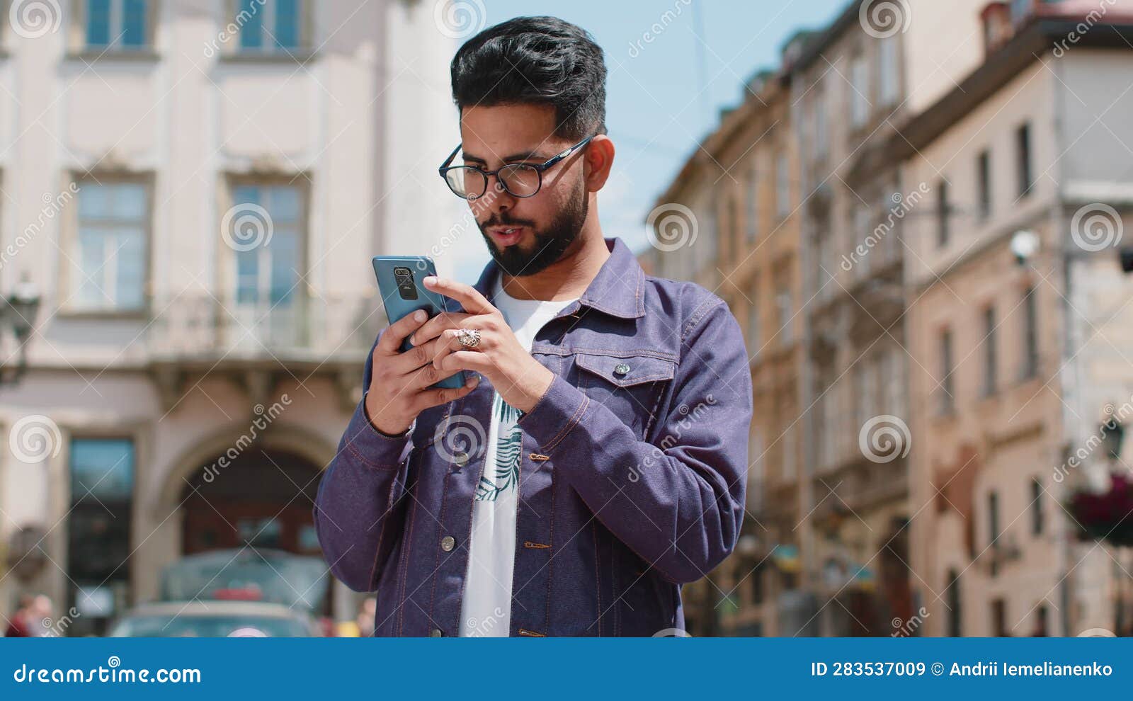Indian Man Use Smartphone Typing Text Messages Browsing Internet ...