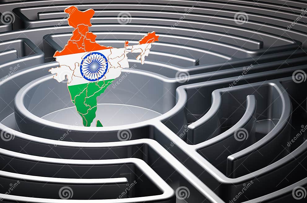 Indian Map Inside Labyrinth, 3D Rendering Stock Illustration ...
