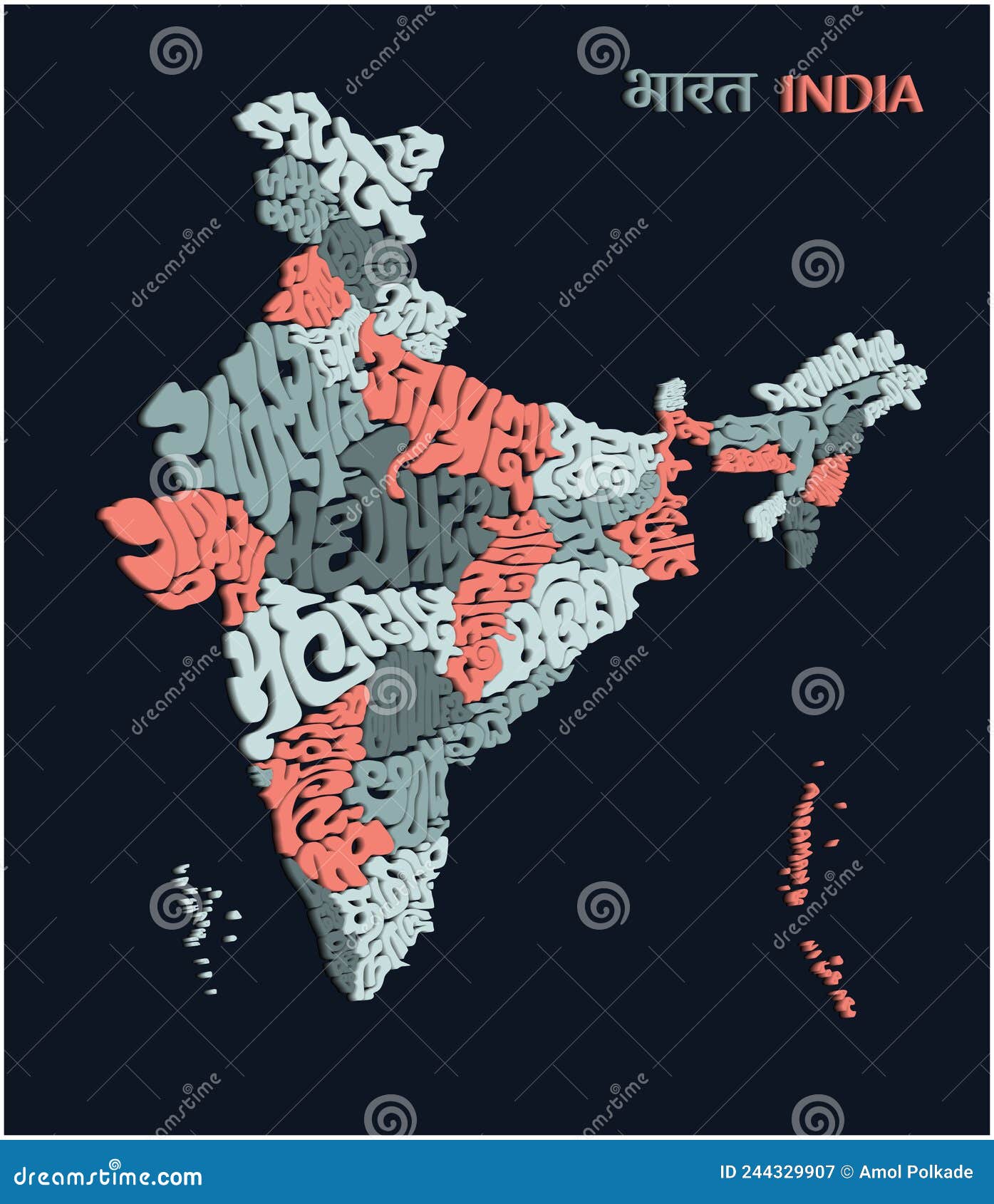 Indian Map Typography With Multiple Indian Scripts In 3D. India Map ...