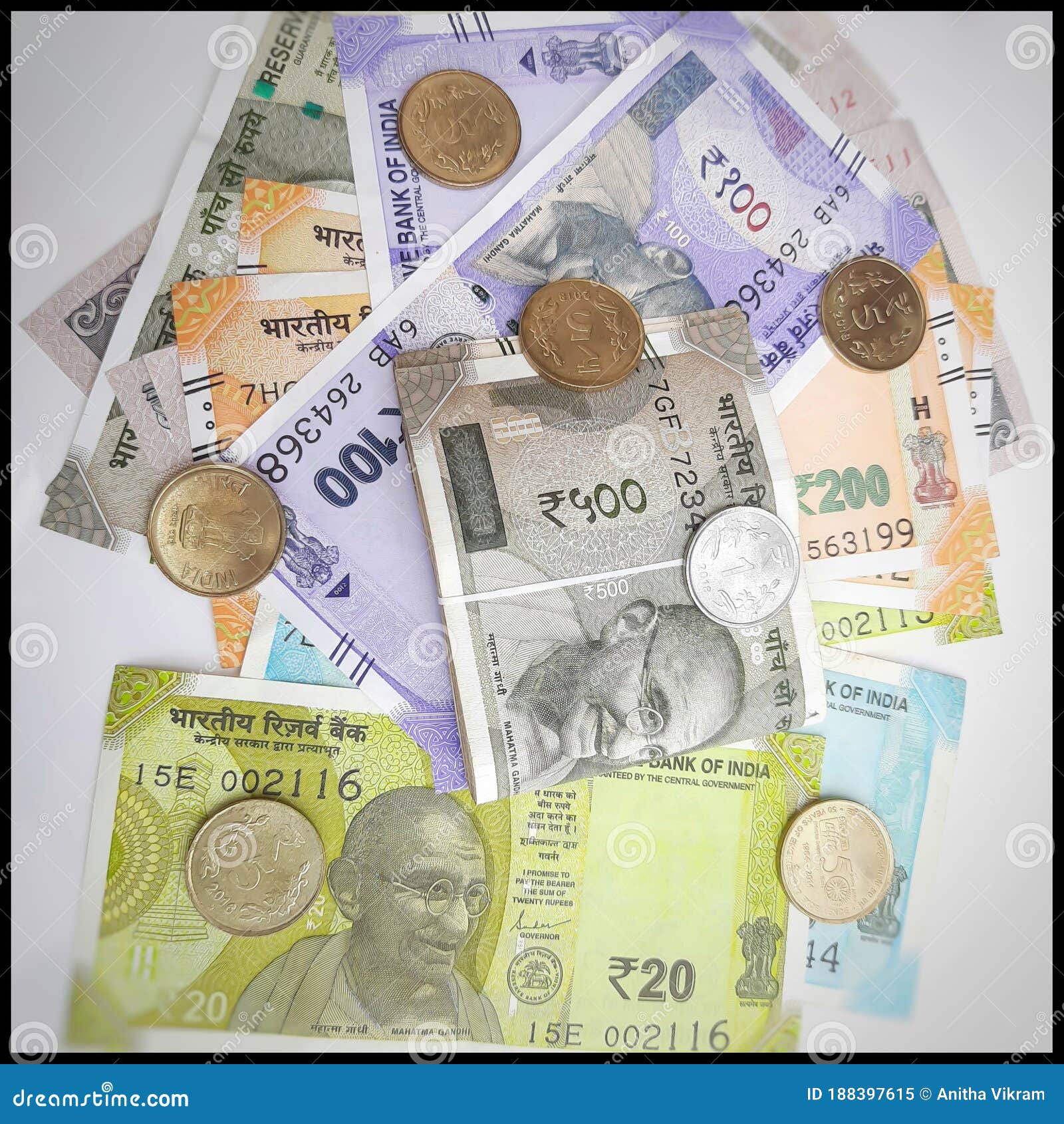 New Indian Rupees Currency Notes Spread Randomly with 5 Rupee Coins in ...