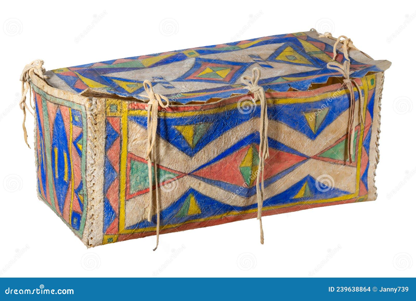 Indian Painted Rawhide Box with Leather Cords Isolated on White Stock ...