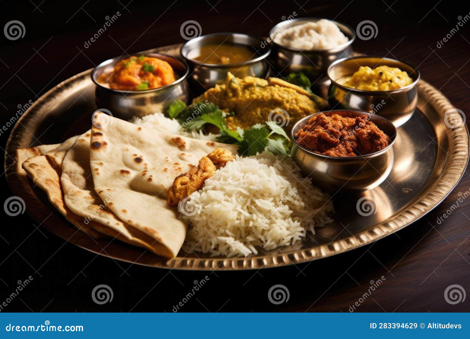 Indian Platter with Curry, Rice, and Naan Bread Stock Image - Image of ...