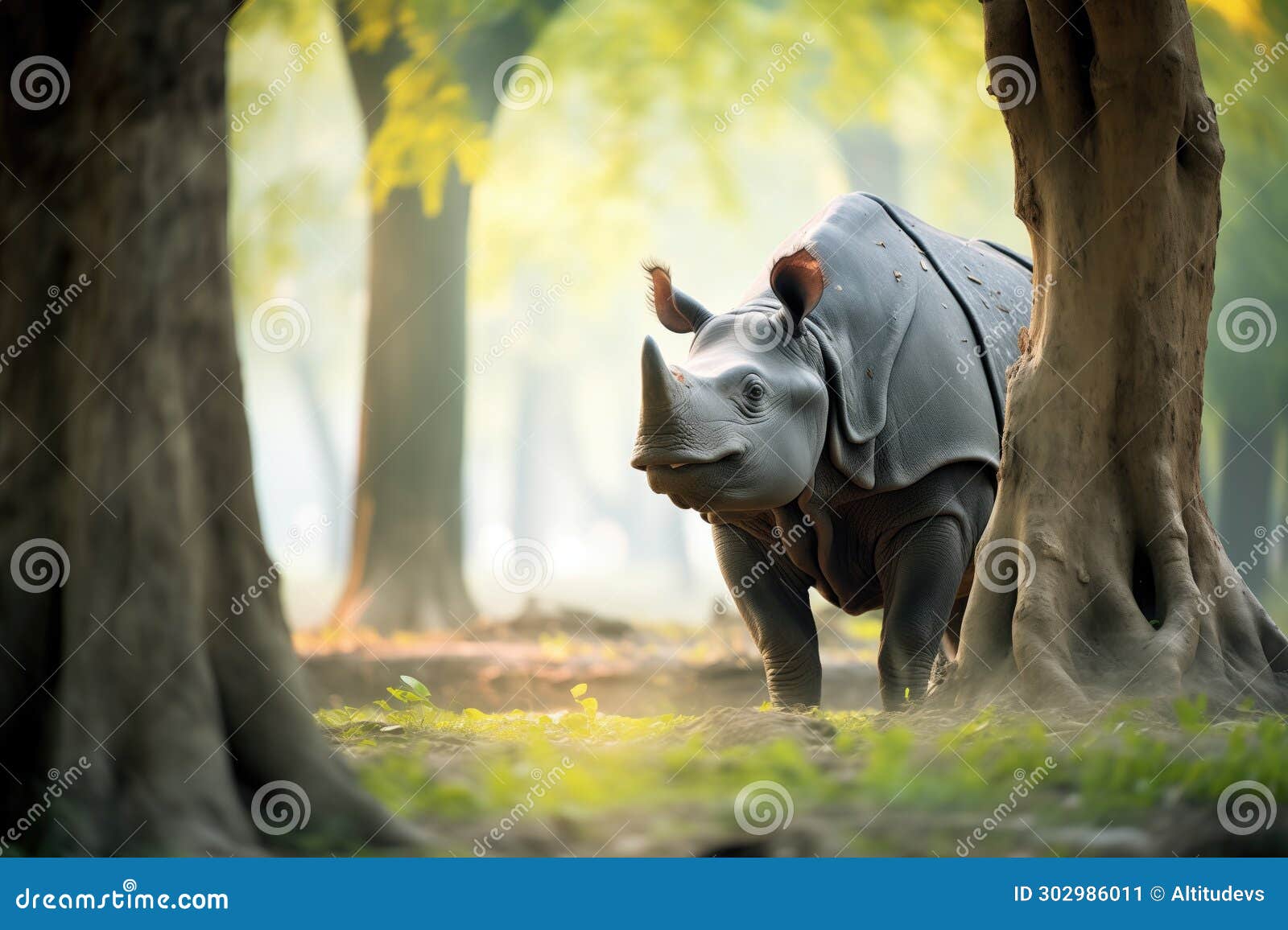 Indian Rhino Standing Under a Tree Canopy Stock Image - Image of ...