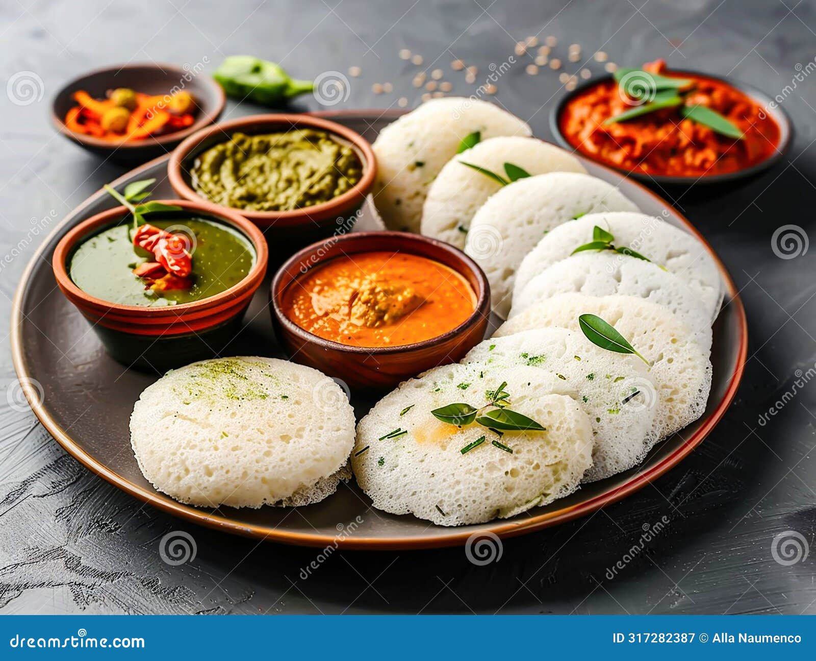 Indian Rice Idli Accompanied by Various Types of Condiments and Sambar ...
