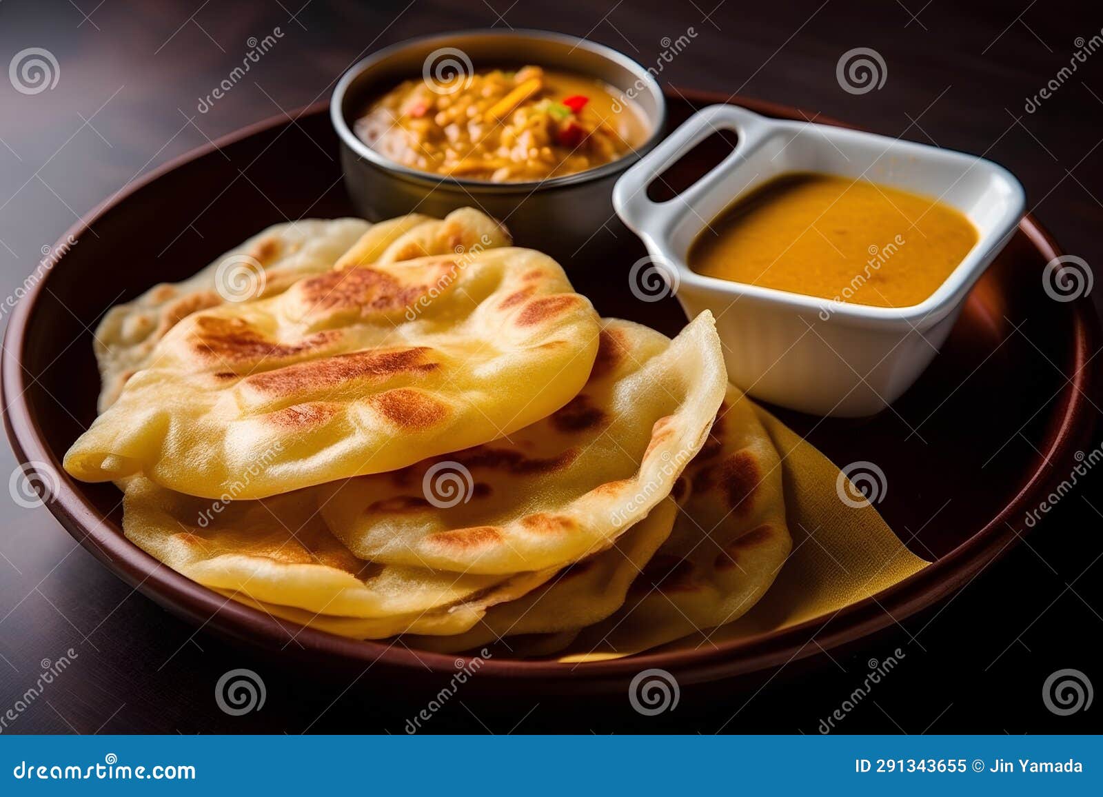Indian Roti With Curry And Samosas On Wooden Background. Royalty-Free ...