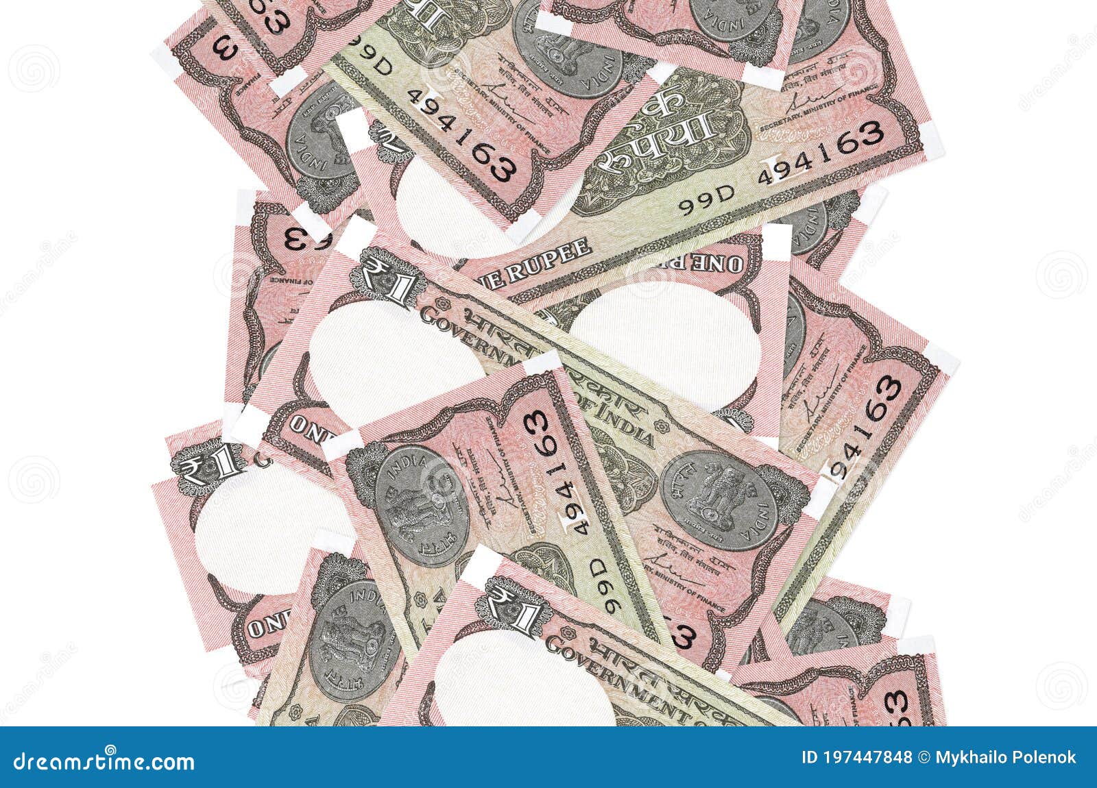 1 Indian Rupee Bills Flying Down Isolated on White. Many Banknotes ...