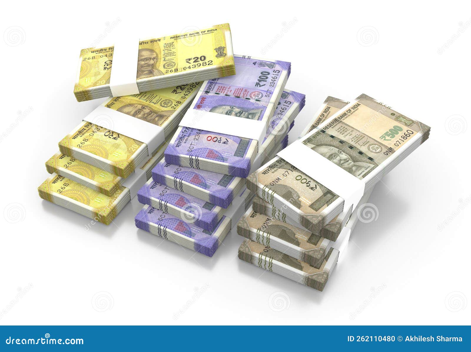 Indian Rupee 20, 100 & 500 Currency Note Bundles Isolated on White ...
