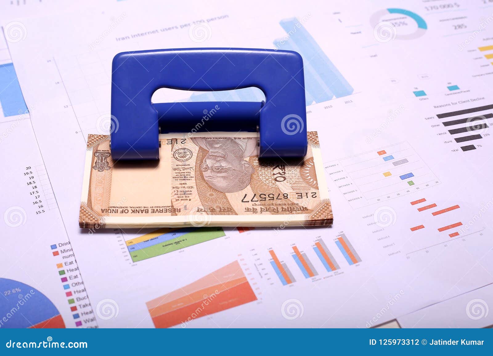 Indian 10 Rupee Currency Notes and Punching Machine on the Chart Paper ...