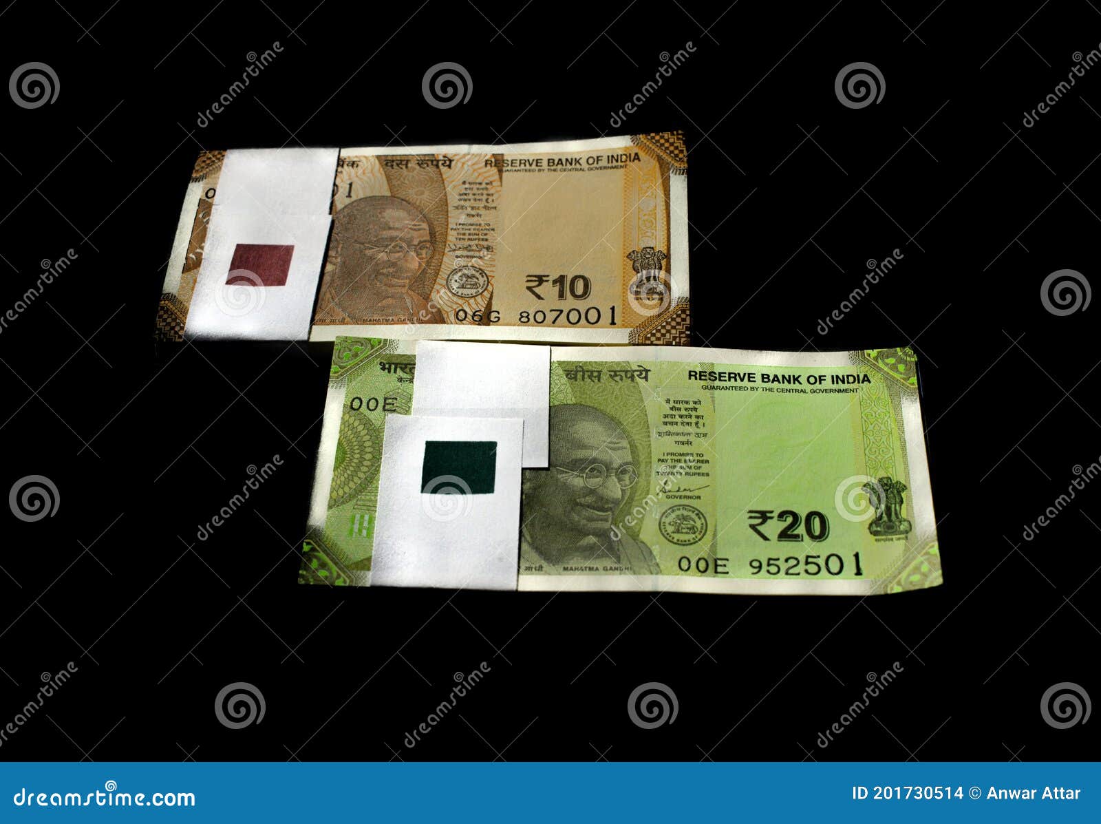 Indian 20rupees Currency Note Bundle Top View Isolated on Black. Stock ...