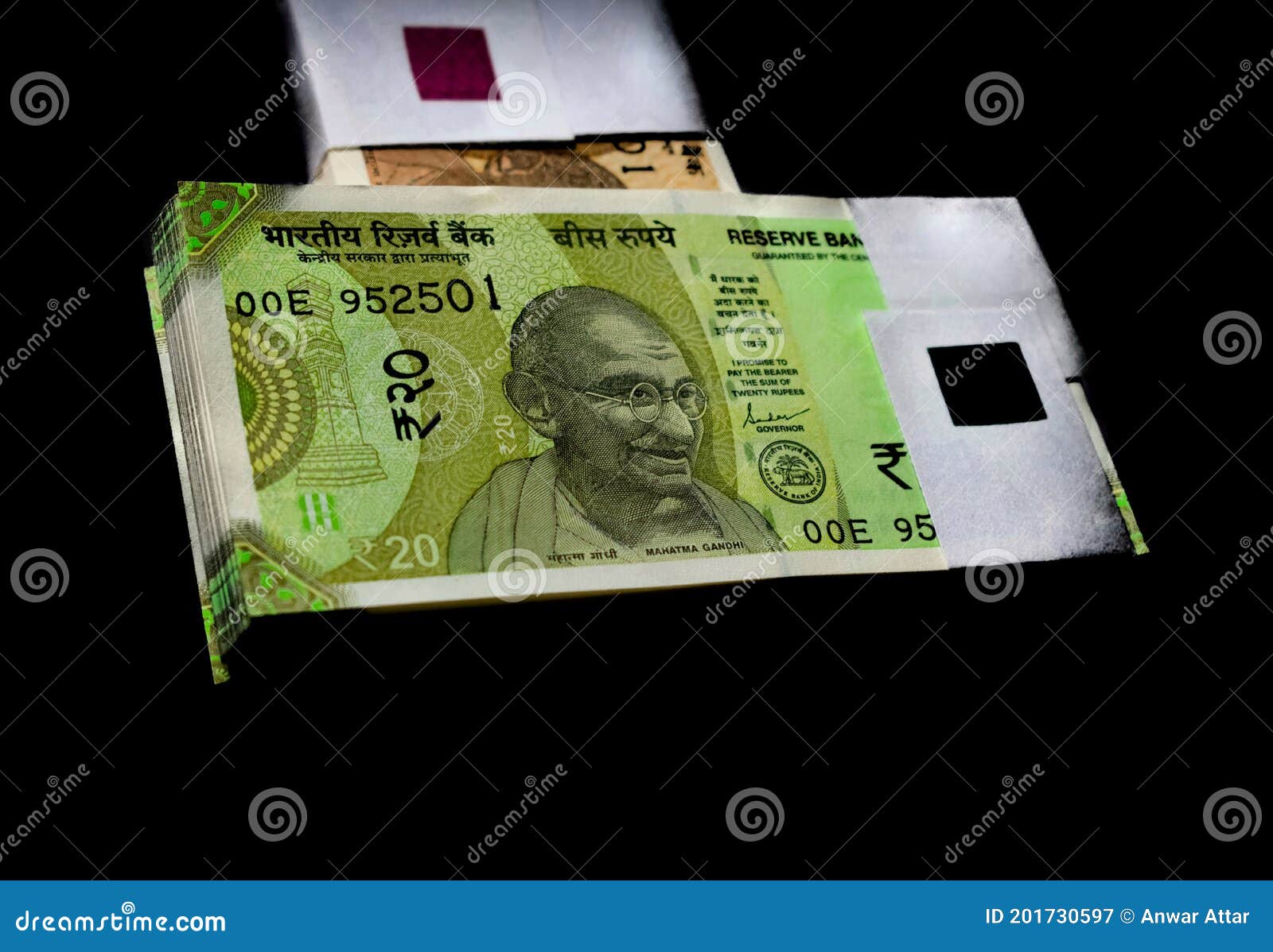 Indian 20rupees Currency Note Bundle Top View Isolated on Black. Stock ...