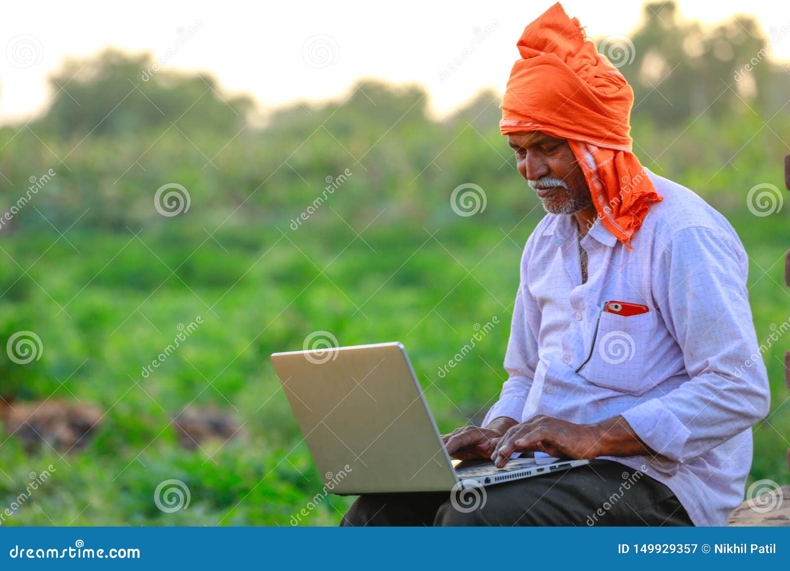 Indian Rural Farmer Using Laptop Stock Image - Image of happiness ...