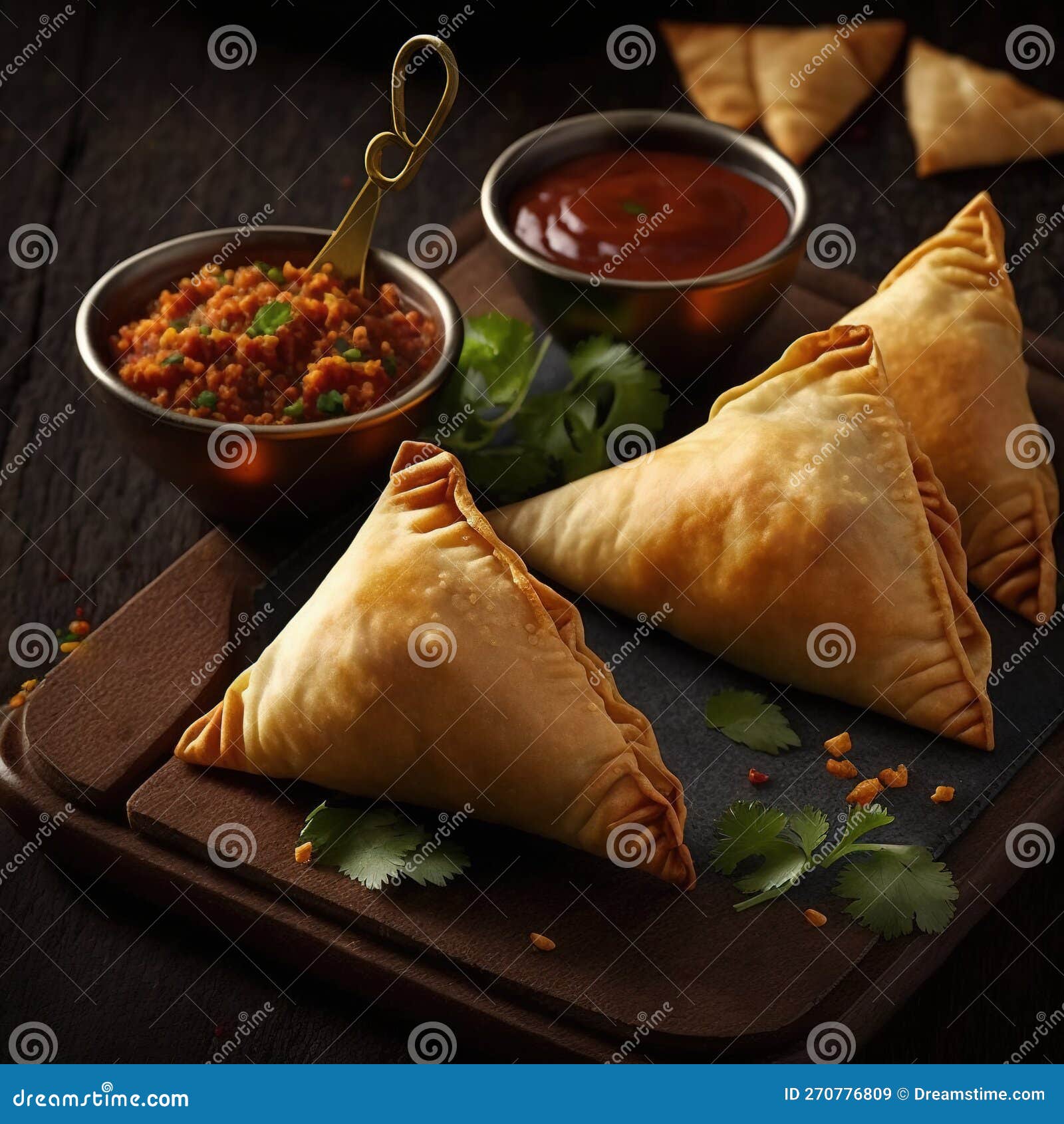 Indian Snack Samosas with Side Dishes on a Table Stock Illustration ...