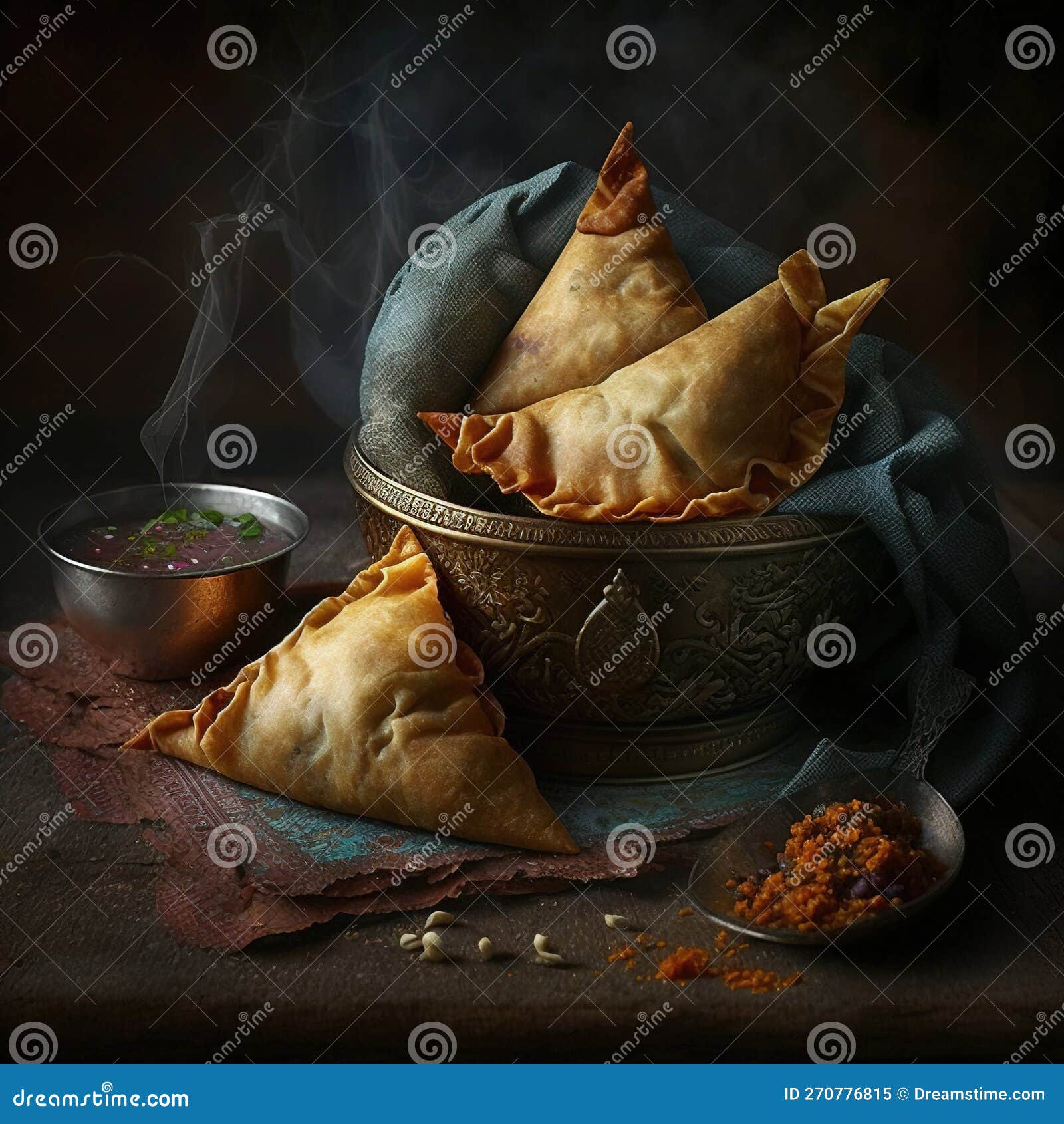 Indian Snack Samosas with Side Dishes on a Table Stock Illustration ...