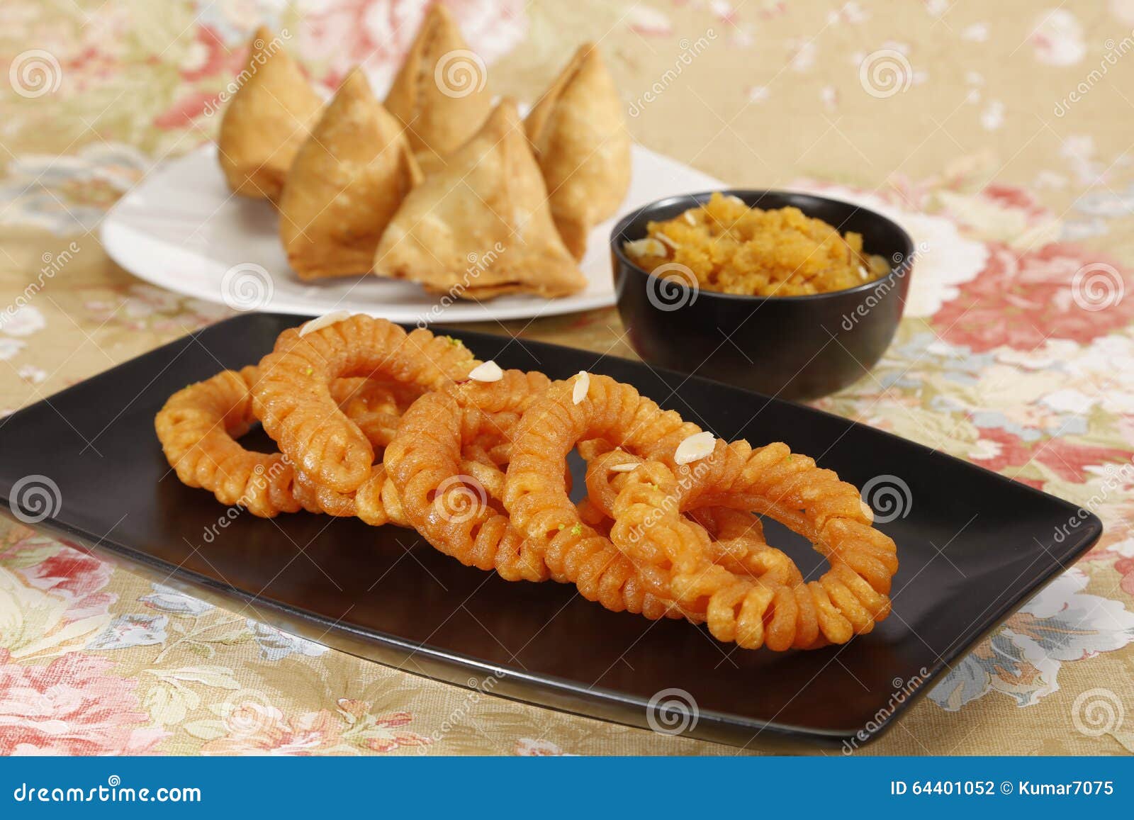 Indian Snacks Samosa Halwa & Imerti Stock Photo - Image of besan, halwa ...