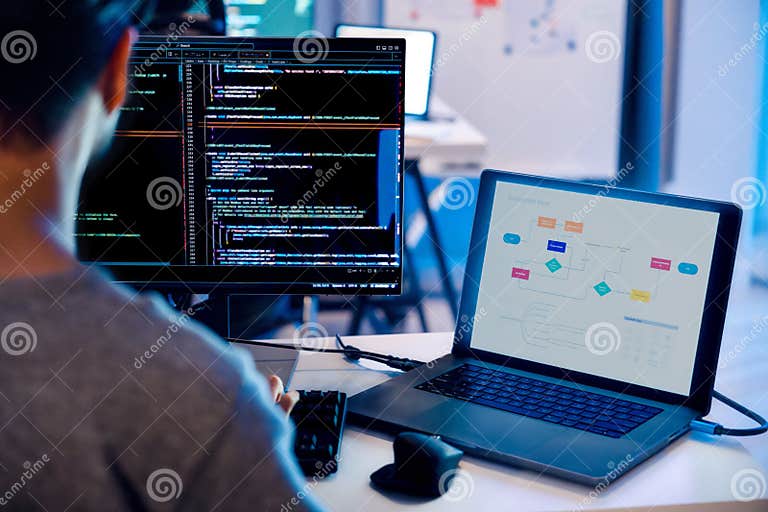 Indian Software Development Working on Coding Computer Screen and Flowchart at Night in Modern ...