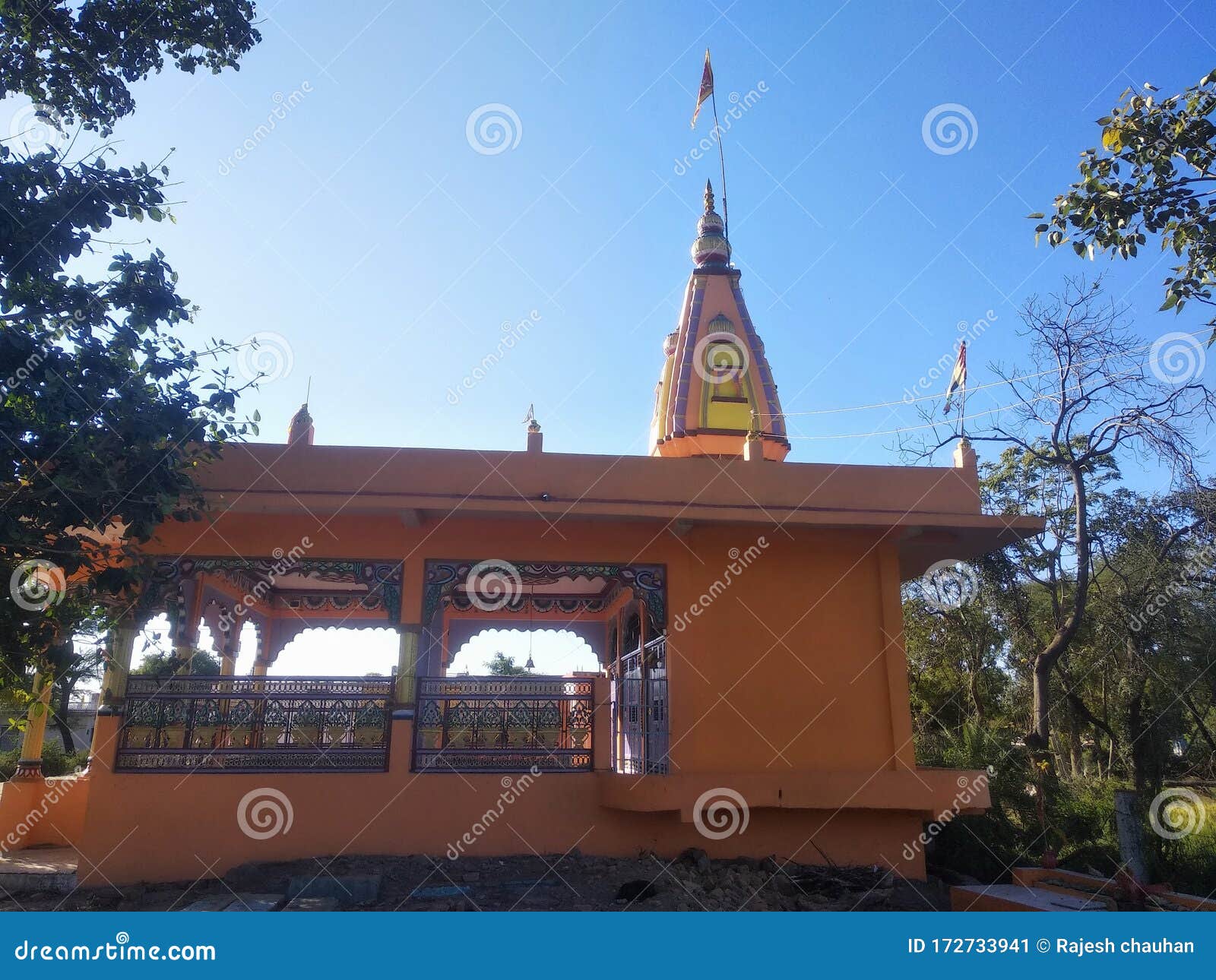 Indian Tample .trees and Orange Collers Stock Image - Image of orange ...