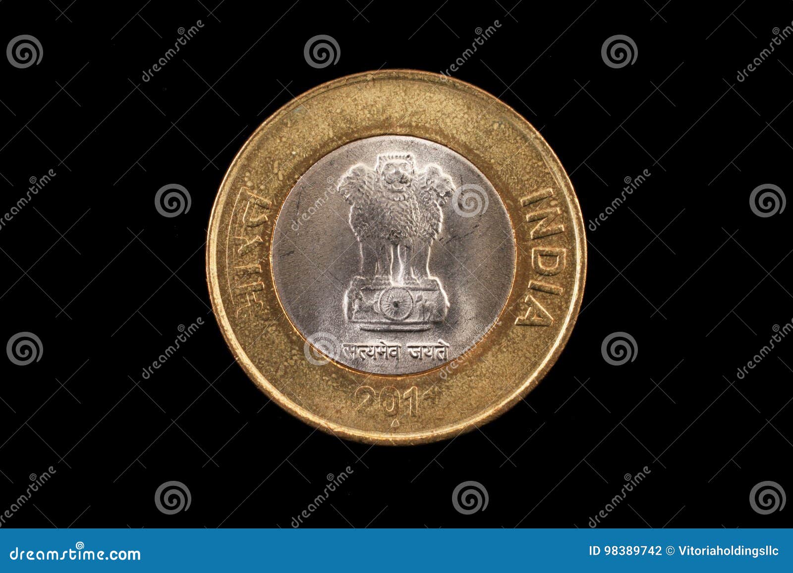 Indian Ten Rupee Coin Close Up On Black Stock Photo - Image of monies ...