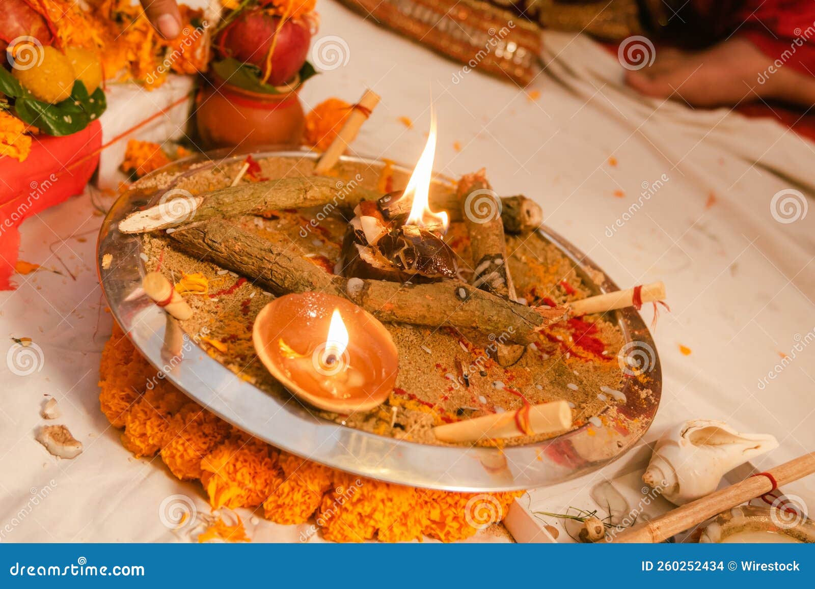 Indian Vedic Fire Ceremony Called Pooja. Stock Photo - Image of table ...