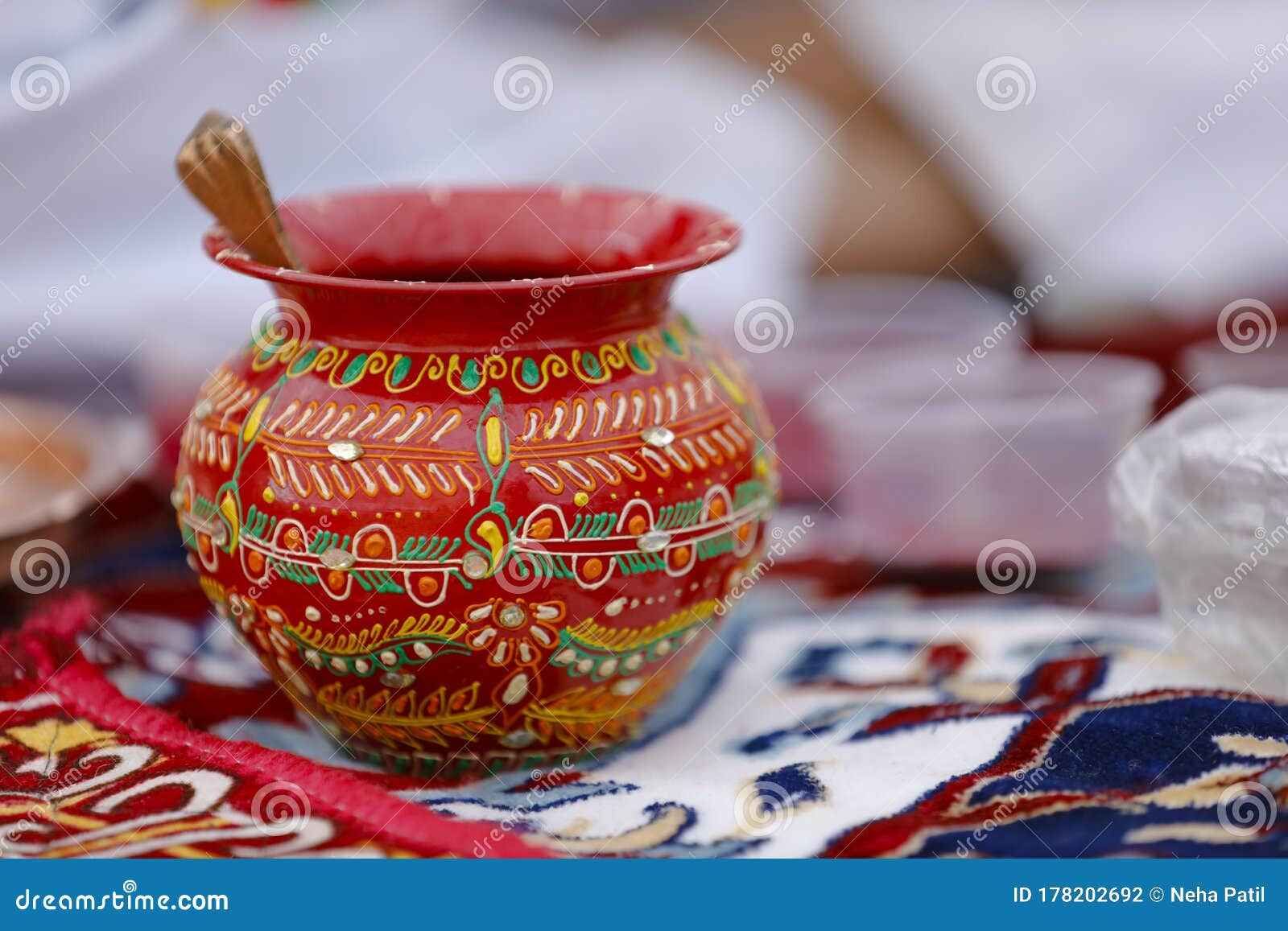Indian Wedding Ceremony : Decorative Coper Kalash with Green Leaf and ...
