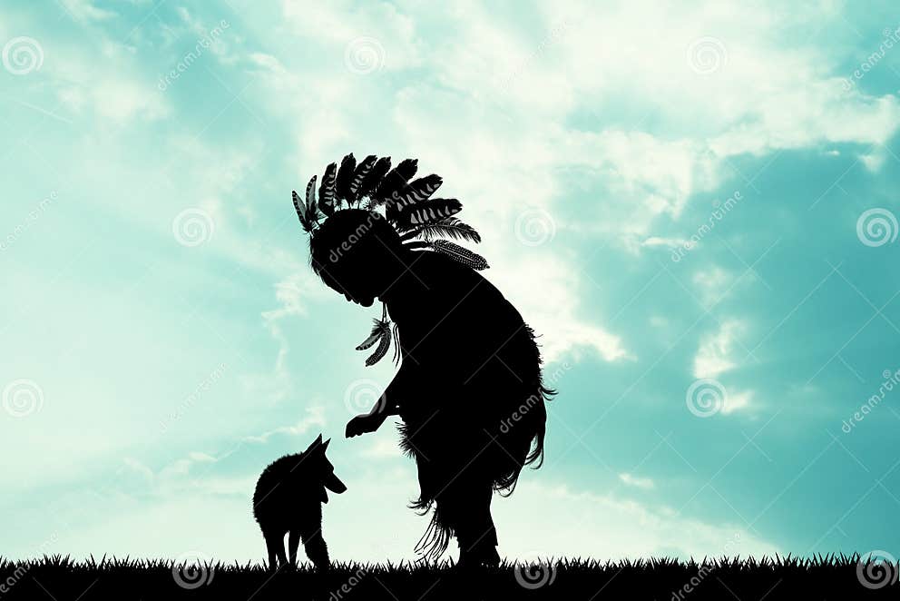Indian and wolf at sunset stock illustration. Illustration of feathers ...