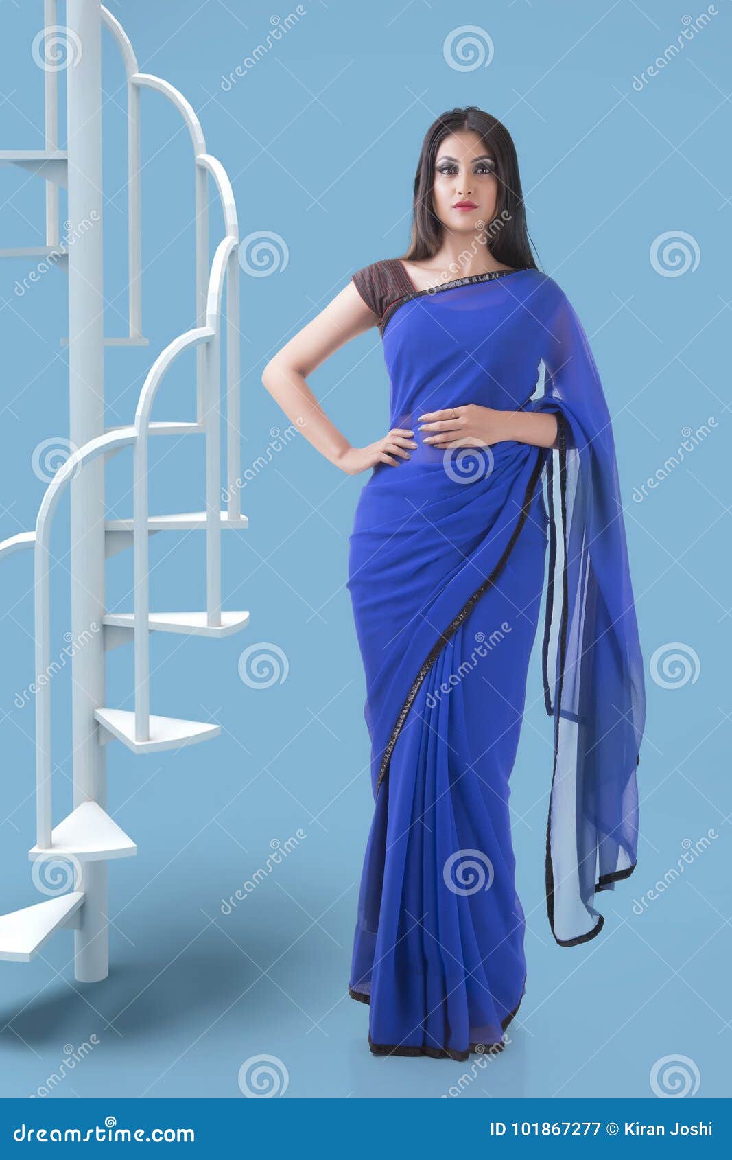Indian Woman In Blue Georgette Saree Stock Image Image Of Earing