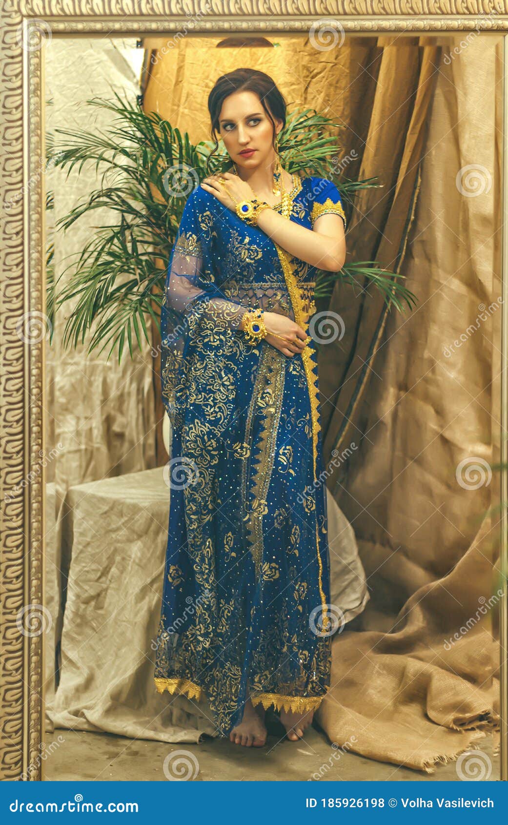 Indian Woman Cosplay Young Beautiful Woman In Blue Indian Sari Dress Closeup Is Looking In The