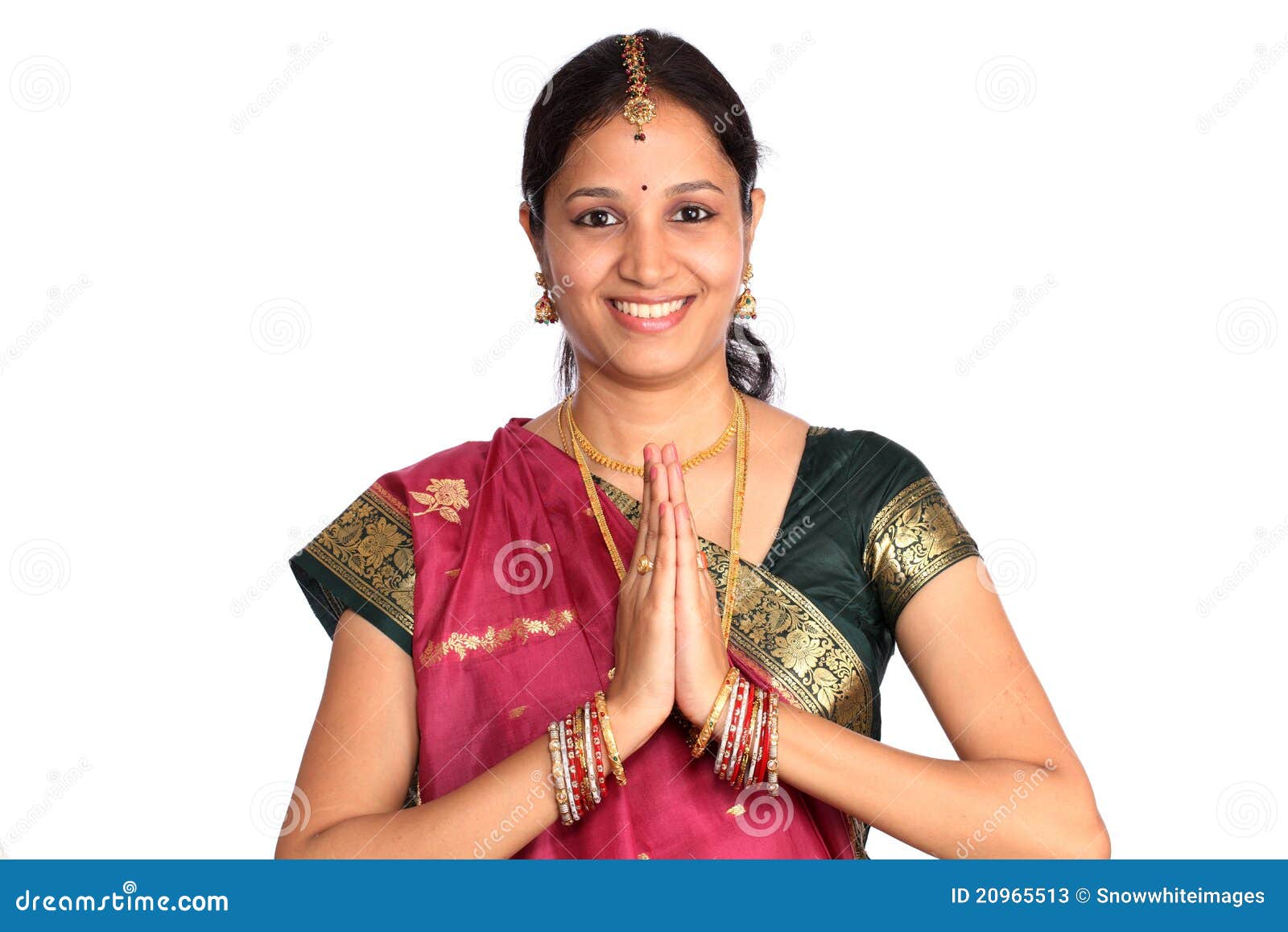 Indian Woman Greeting NAMASTE Stock Image - Image of cheerful ...