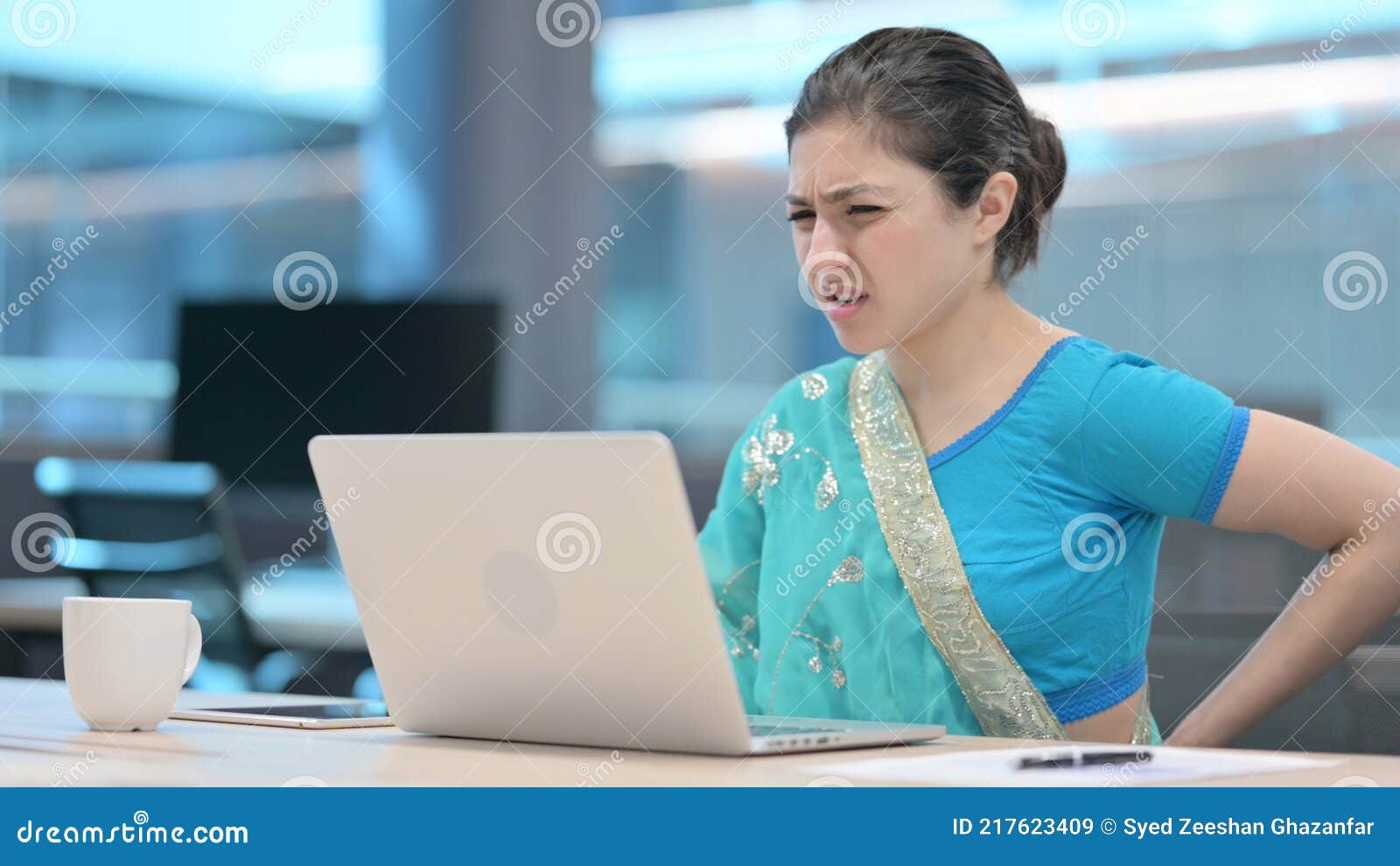Indian Woman Having Back Pain while Using Laptop Stock Image - Image of ...