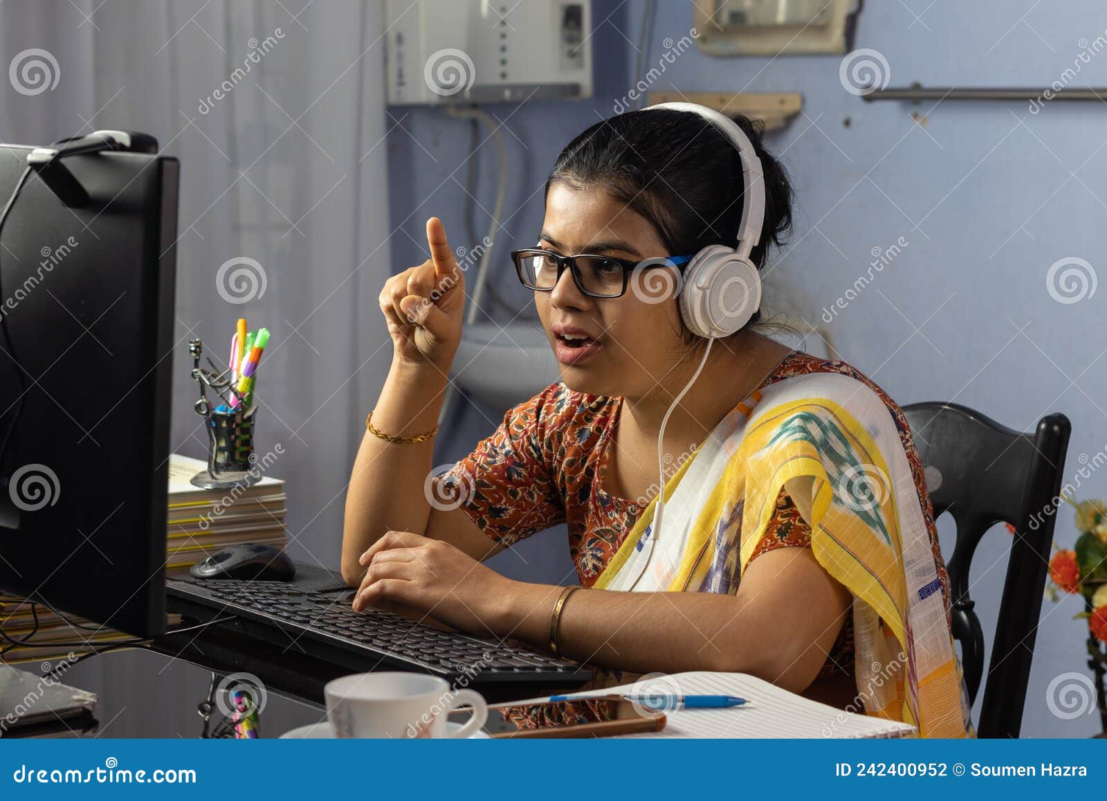 Indian Woman in Saree Working on Computer Stock Photo - Image of ...