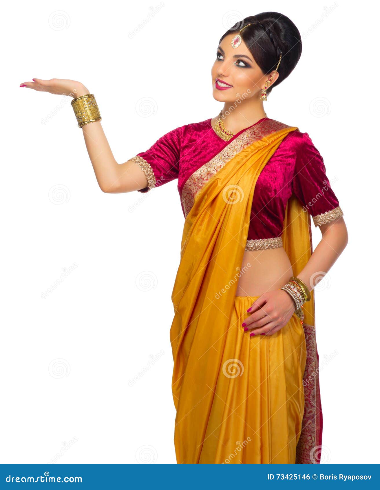 Indian Woman Shows Welcome Gesture Stock Photo - Image of cheerful ...