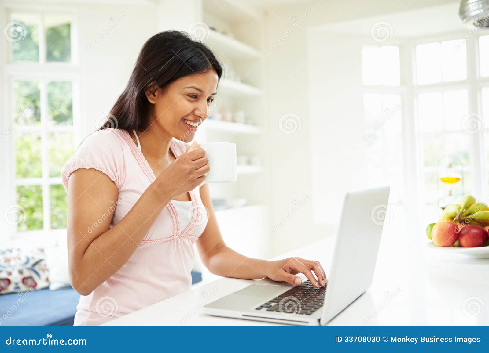 Indian Woman Using Laptop at Home Stock Photo - Image of technology ...