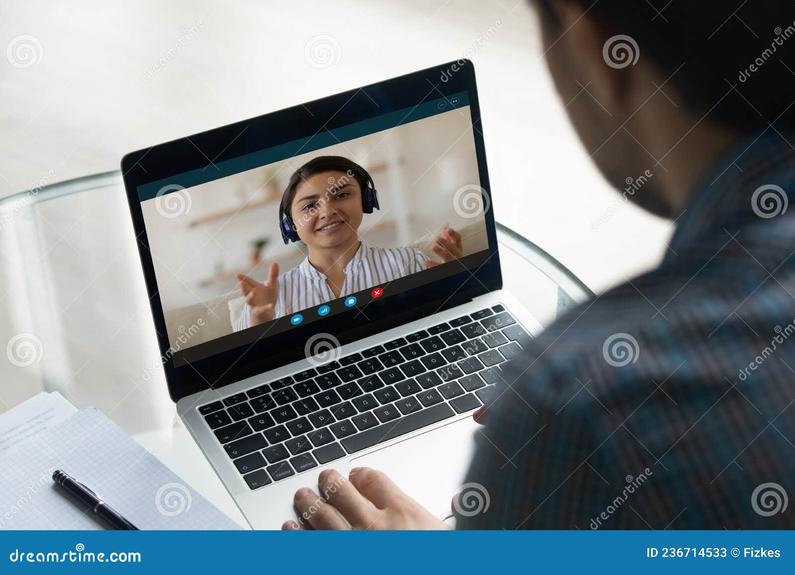 Indian Woman Engaged in Videoconference, Laptop Screen Over Man ...
