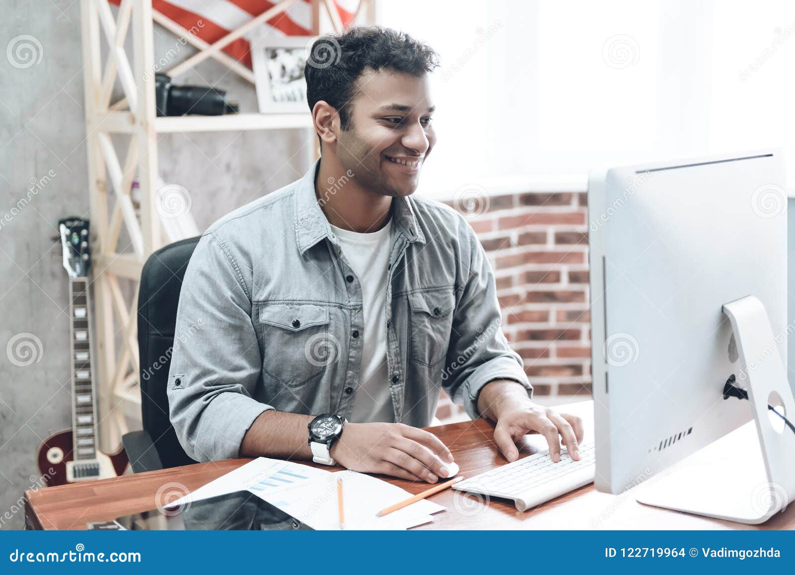 Indian Young Businessman Work on Computer on Table Stock Photo - Image ...