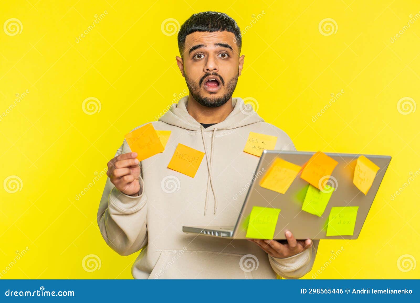 Indian Young Man with Pasted Sticker Notes Use Laptop Having ...