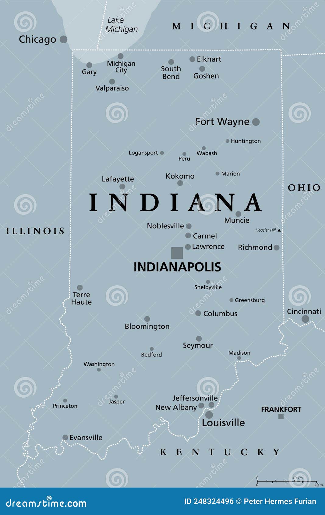 Indiana, IN, Gray Political Map, US State, The Hoosier State Vector ...