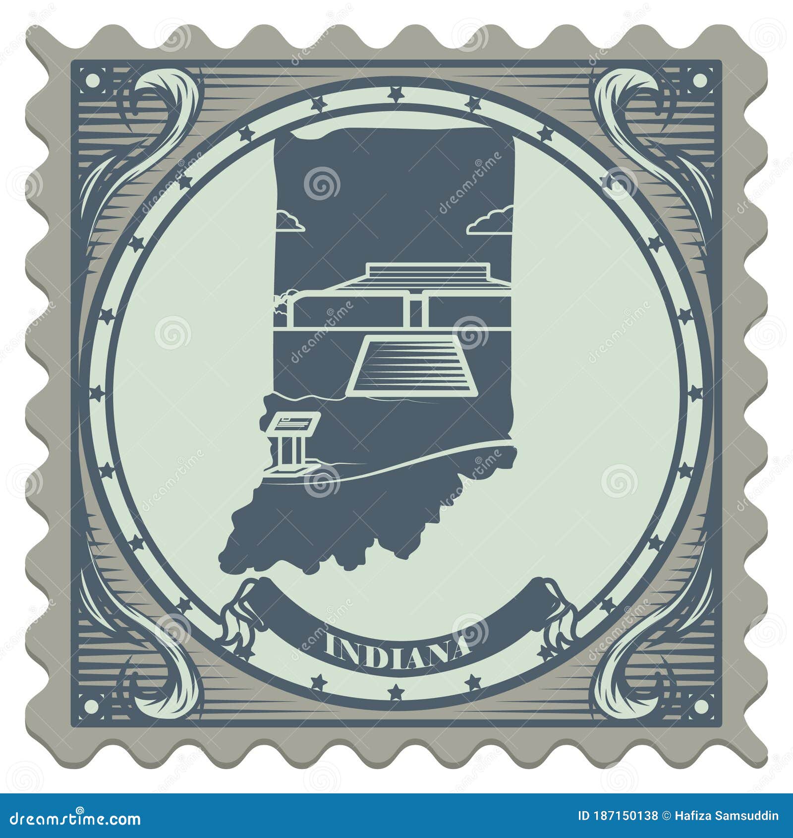 Indiana Postage Stamp Design. Red Barn With Sunflowers Cartoon Vector ...