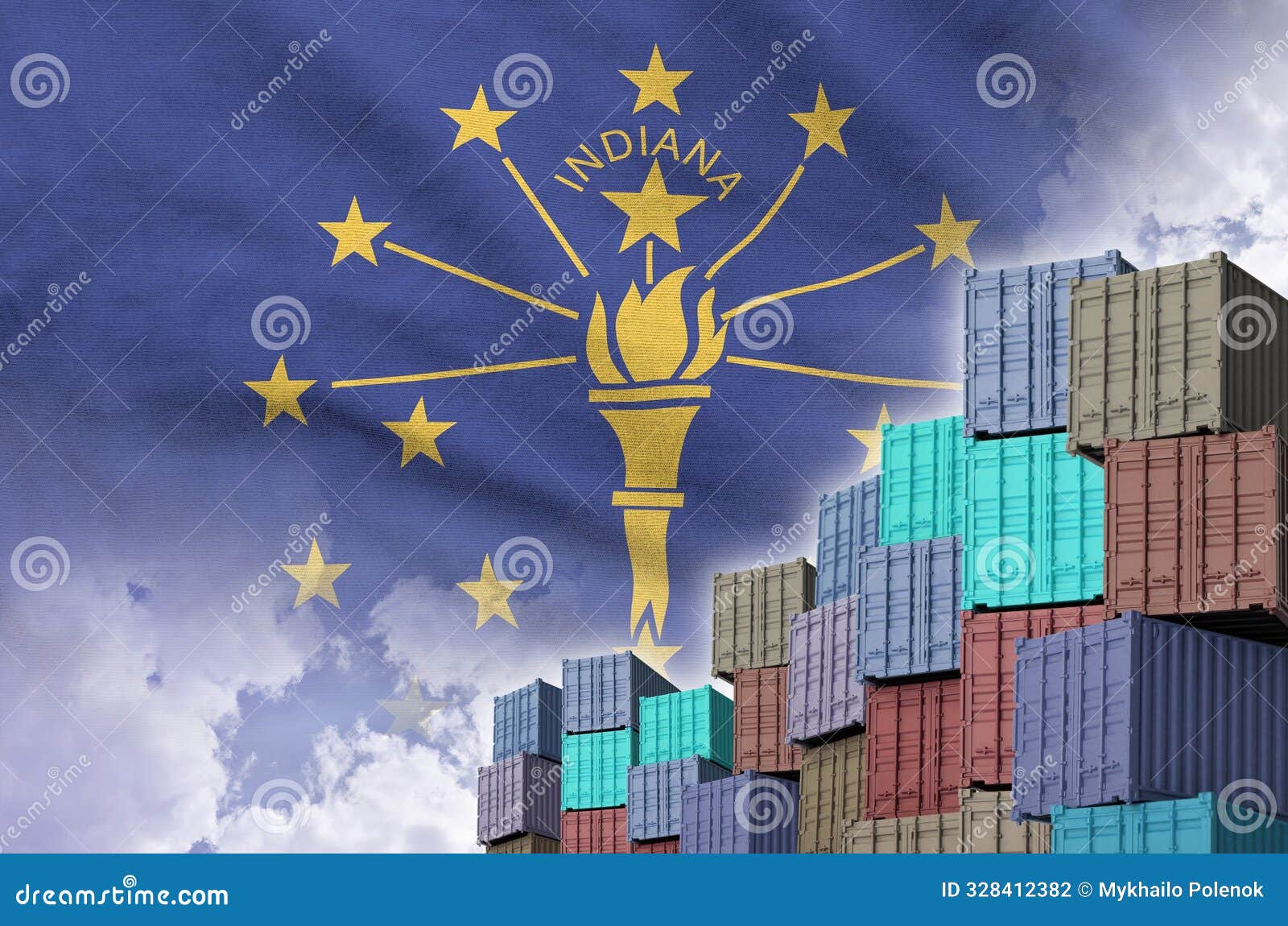 Indiana US State Flag and Big Stack of Shipping Cargo Containers in ...