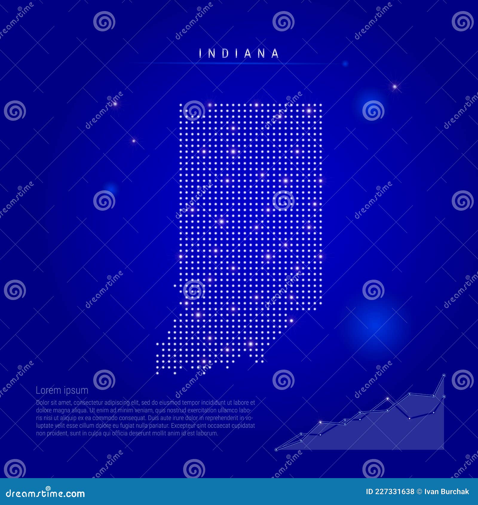 Indiana US State Illuminated Map with Glowing Dots. Dark Blue Space ...