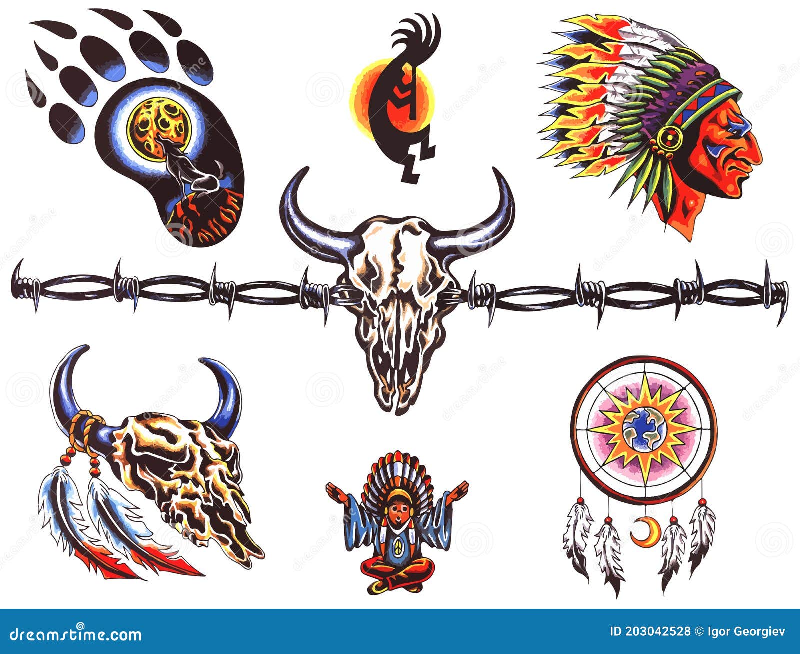 Indians Tattoo Set. Native American Tattoo. Set of Labels and Elements ...