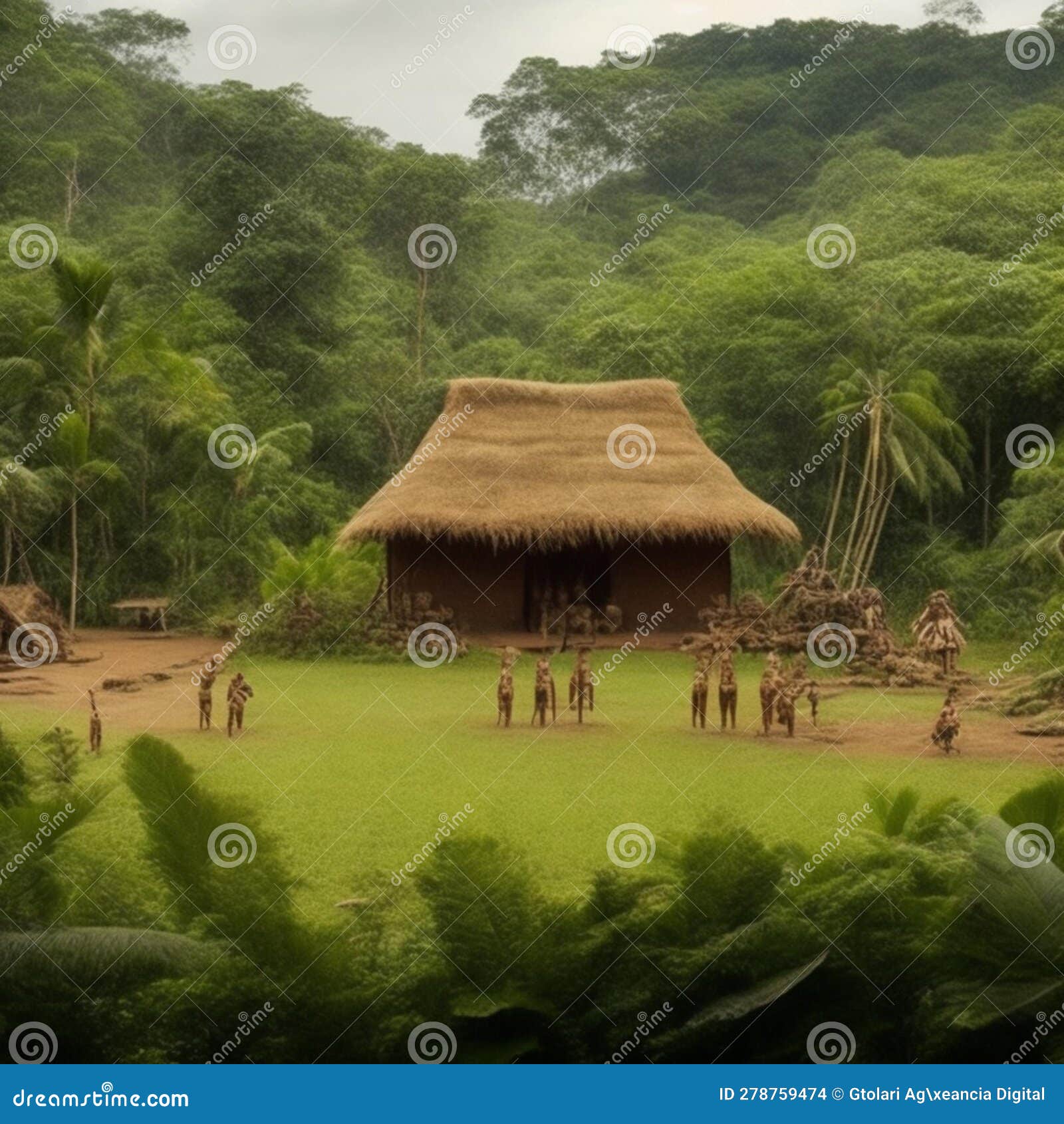 Indigenous Tribe in a Village Surrounded by Trees. Stock Illustration ...