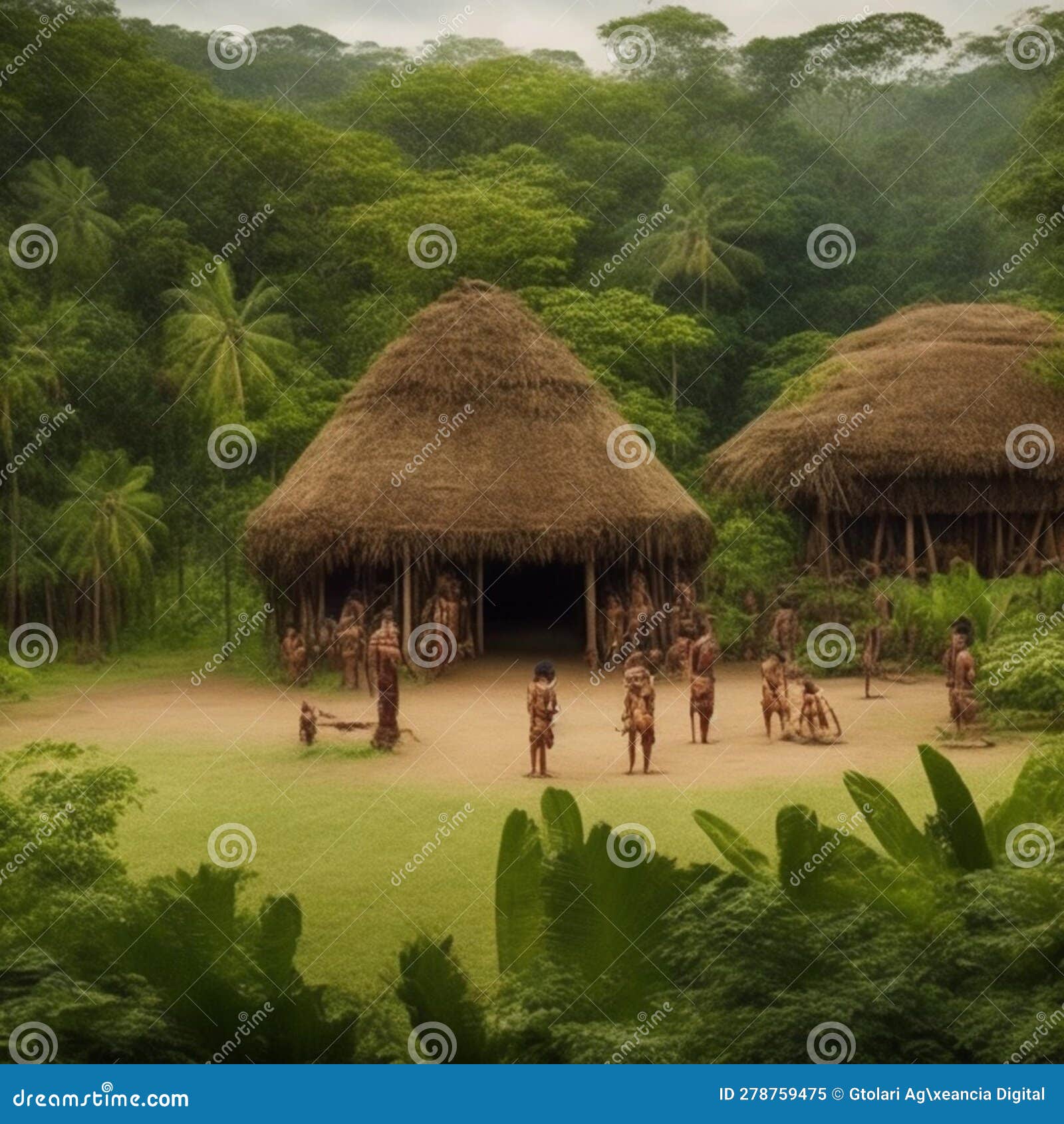 Indigenous Tribe in a Village Surrounded by Trees. Stock Illustration ...