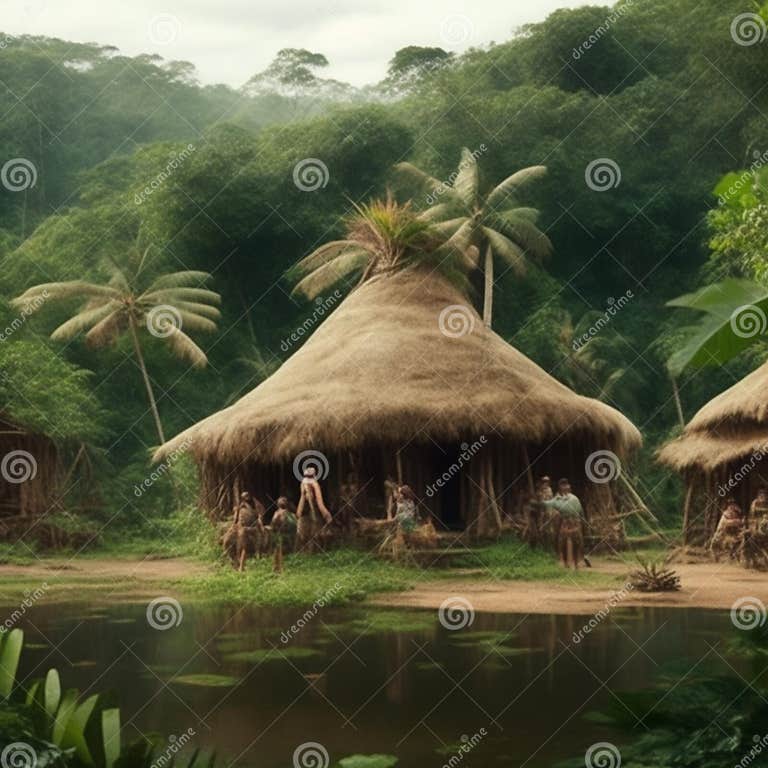 Indigenous Tribe in a Village Surrounded by Trees. Stock Illustration ...
