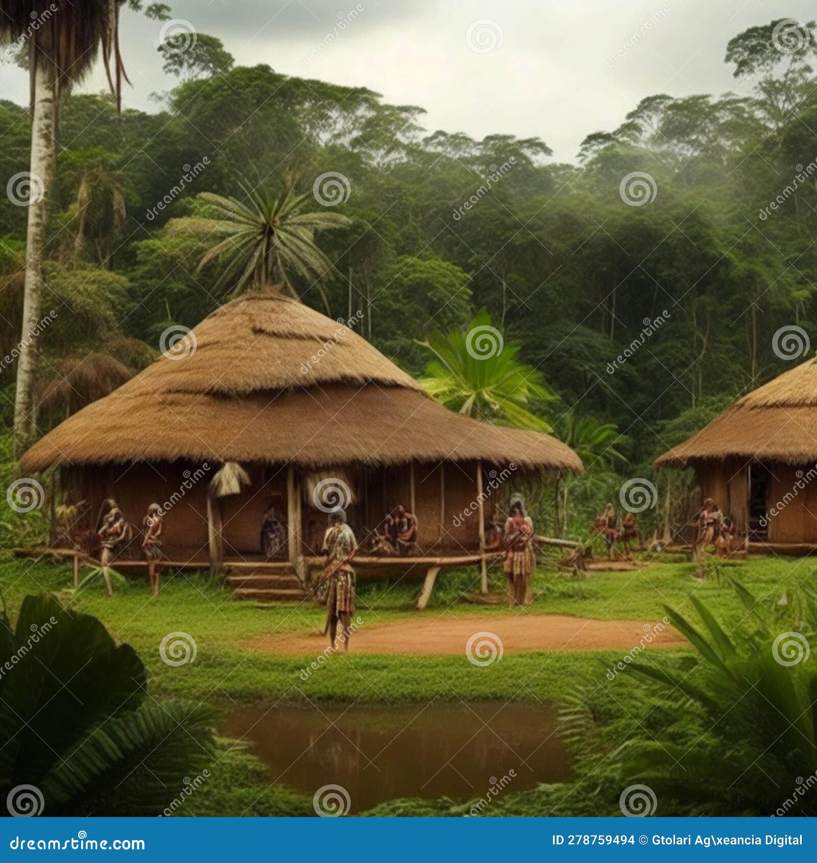 Indigenous Tribe in a Village Surrounded by Trees. Stock Illustration ...