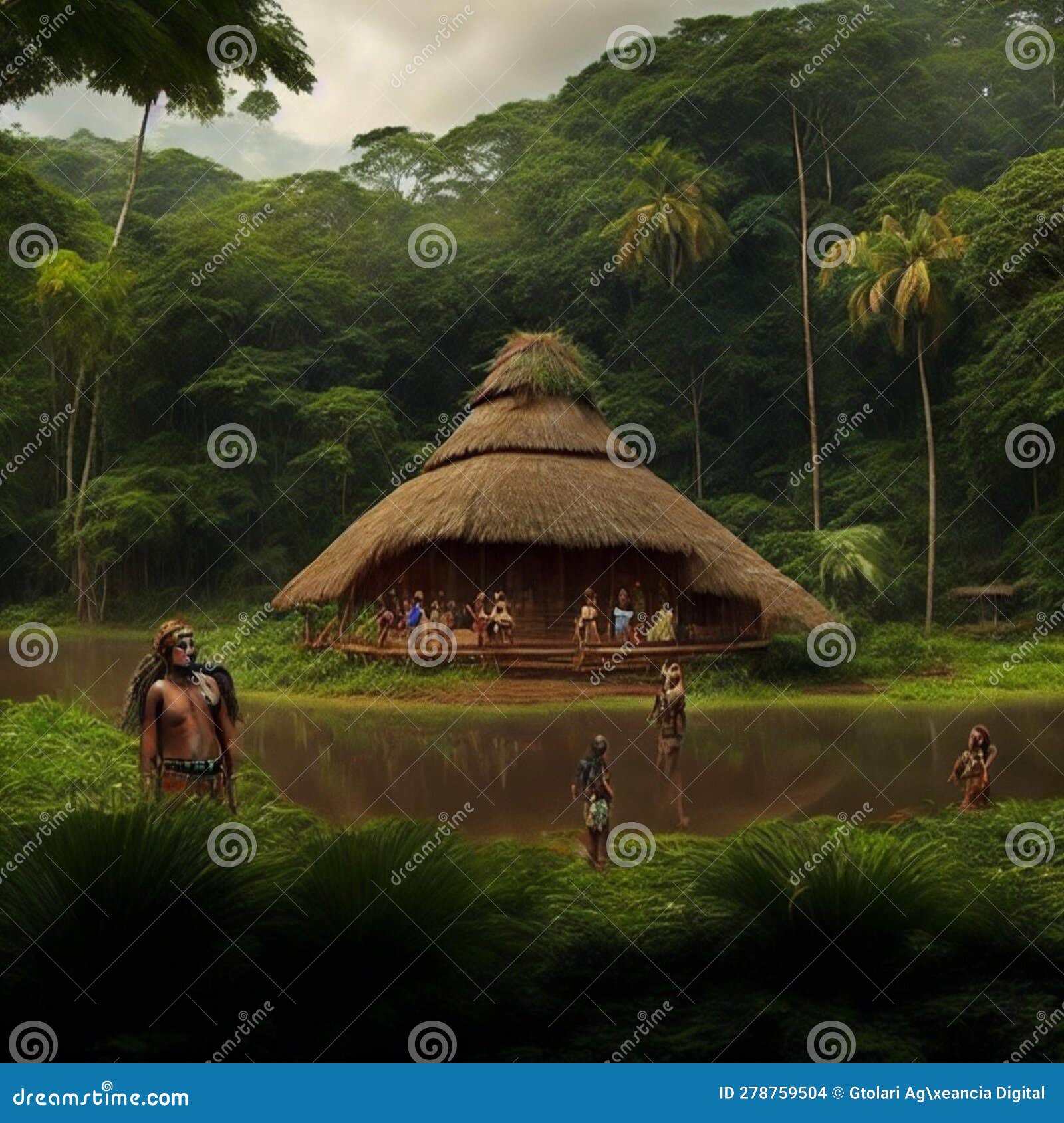 Indigenous Tribe In A Village Surrounded By Trees. Stock Photography ...