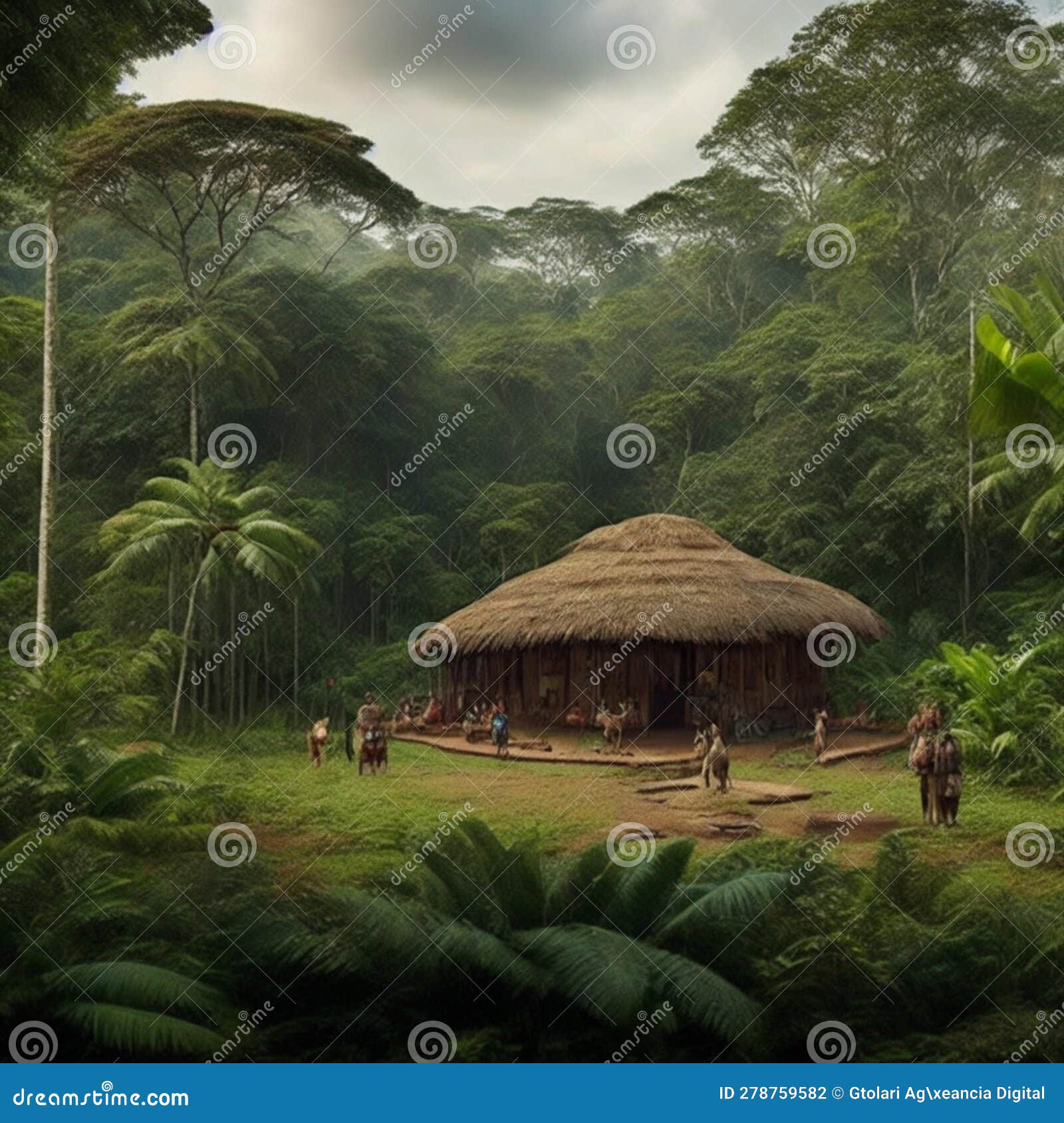 Indigenous Tribe In A Village Surrounded By Trees And Hollows. Stock ...